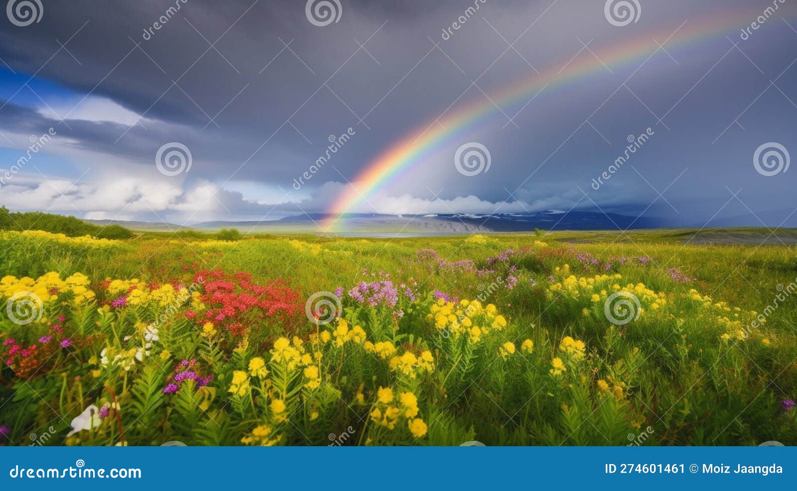 Field of Flowers with Storm Clouds and Rainbow Stock Illustration ...