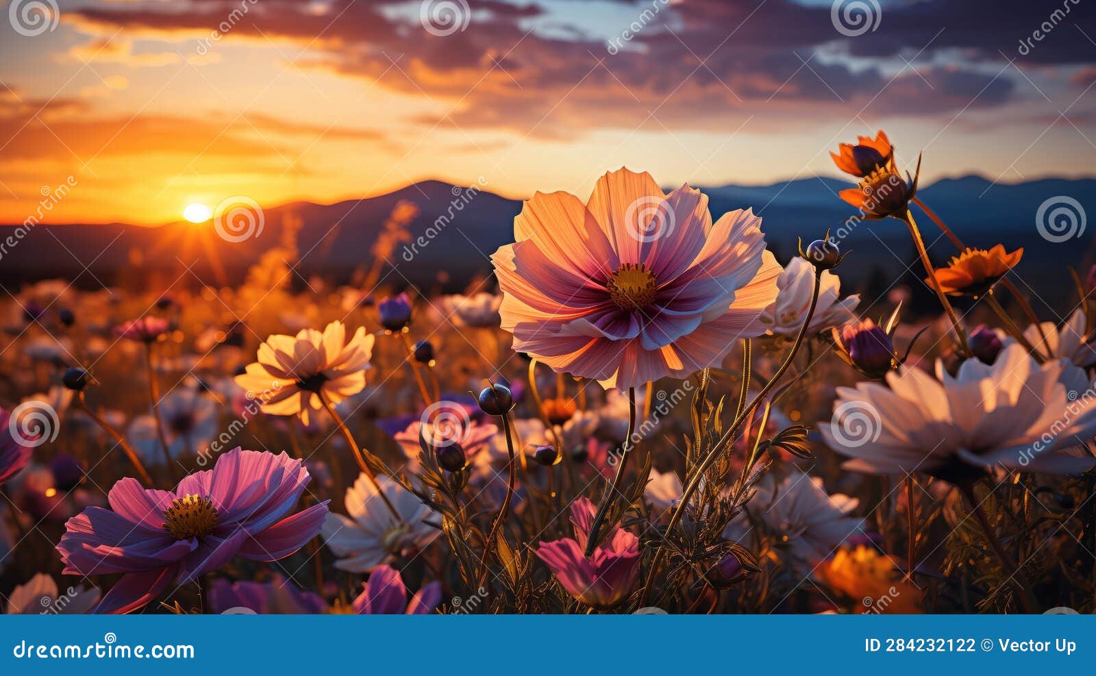 A Field of Flowers with Trees and a Sunset. Generative AI. Stock ...
