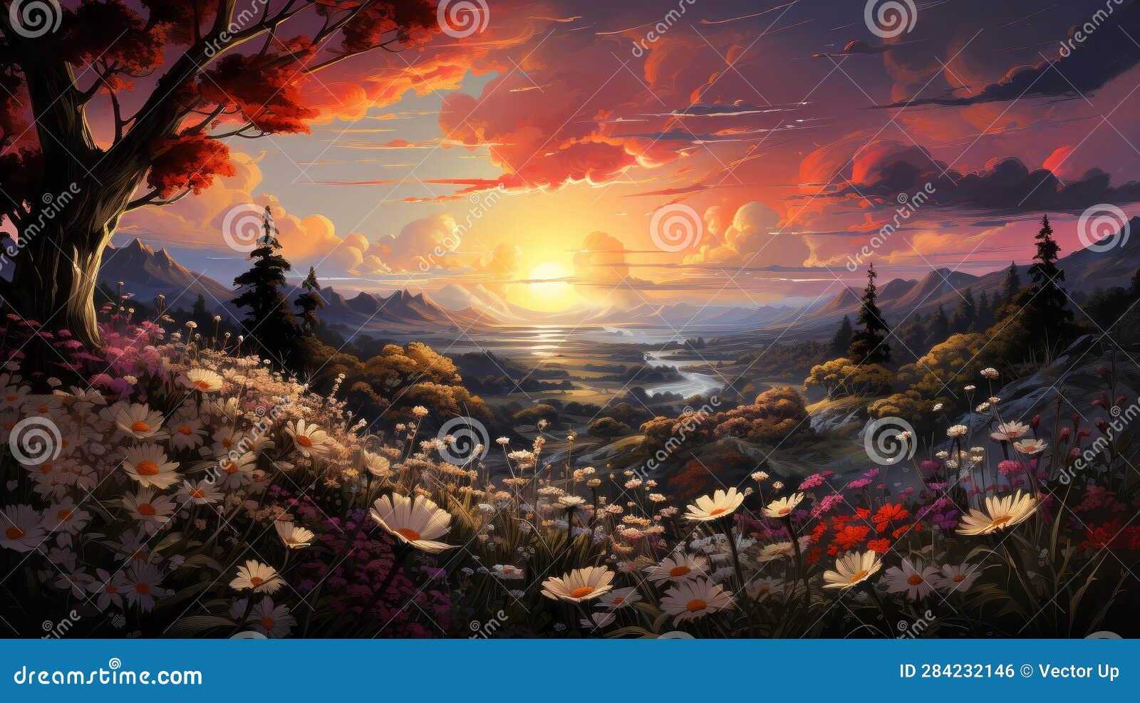 A Field of Flowers with Trees and a Sunset. Generative AI. Stock ...