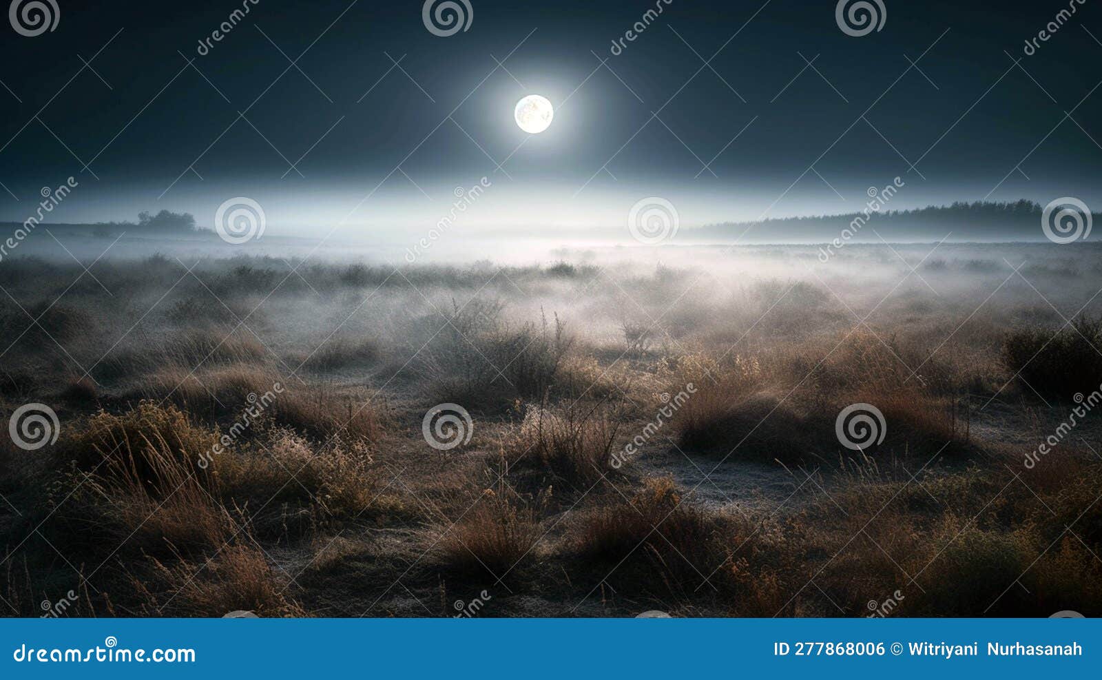 Field with Fog with Moonlight Background. Green Field on the Background ...