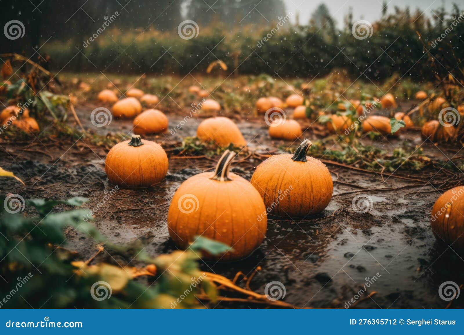 A Field Full of Pumpkins in the Rain. AI Generative Image. Stock ...