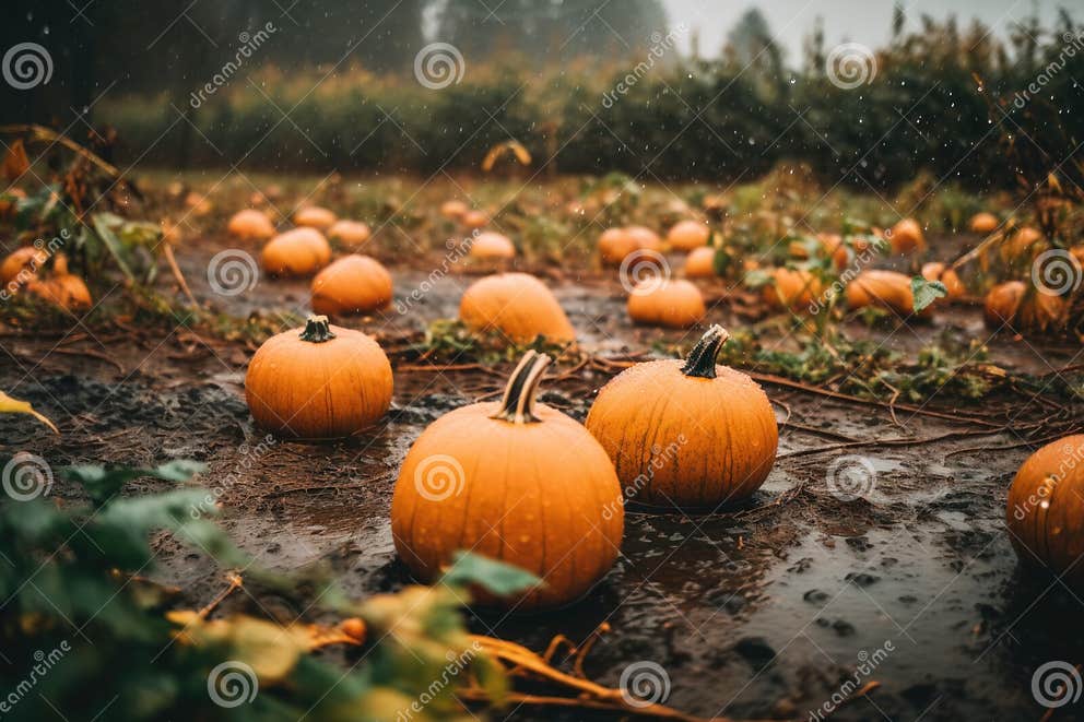 A Field Full of Pumpkins in the Rain. AI Generative Image. Stock ...