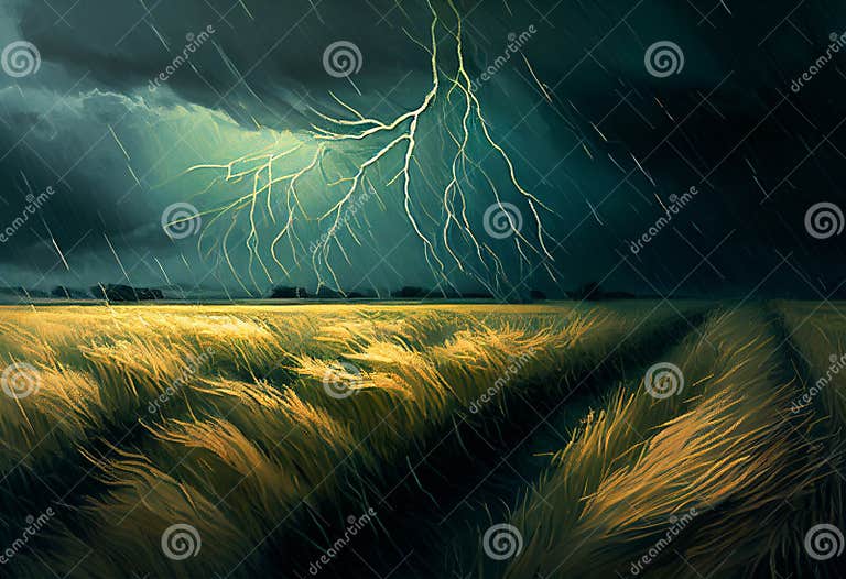 Field with Grain and Lightning Illustration. AI Generated Stock ...