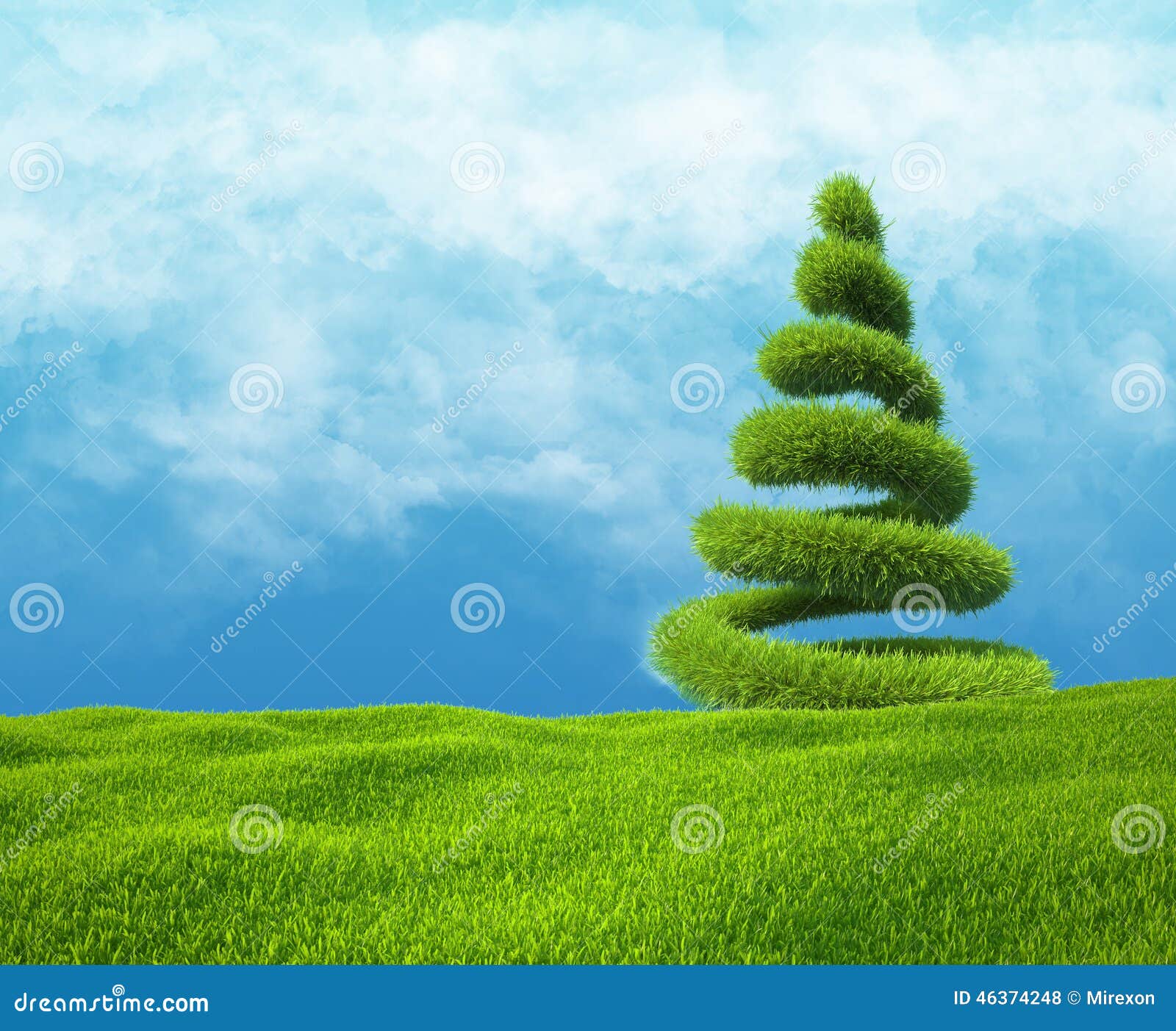 Field of Green Grass and Sky with Helix Tree. Stock Photo - Image of ...