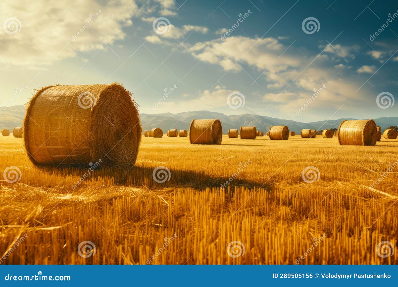 Field of Hay with Bales of Hay in the Foreground. Generative AI Stock ...