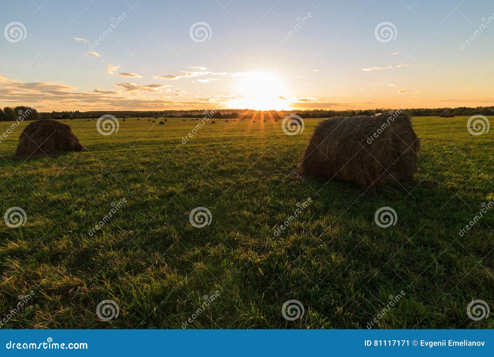 Field with Haystacks at Sunset in Early Autumn Stock Image - Image of ...