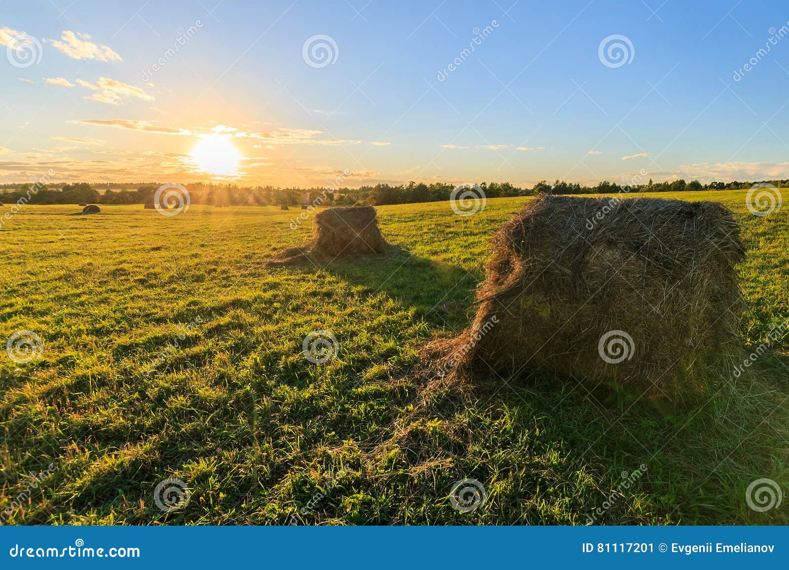 Field with Haystacks at Sunset in Early Autumn Stock Image - Image of ...