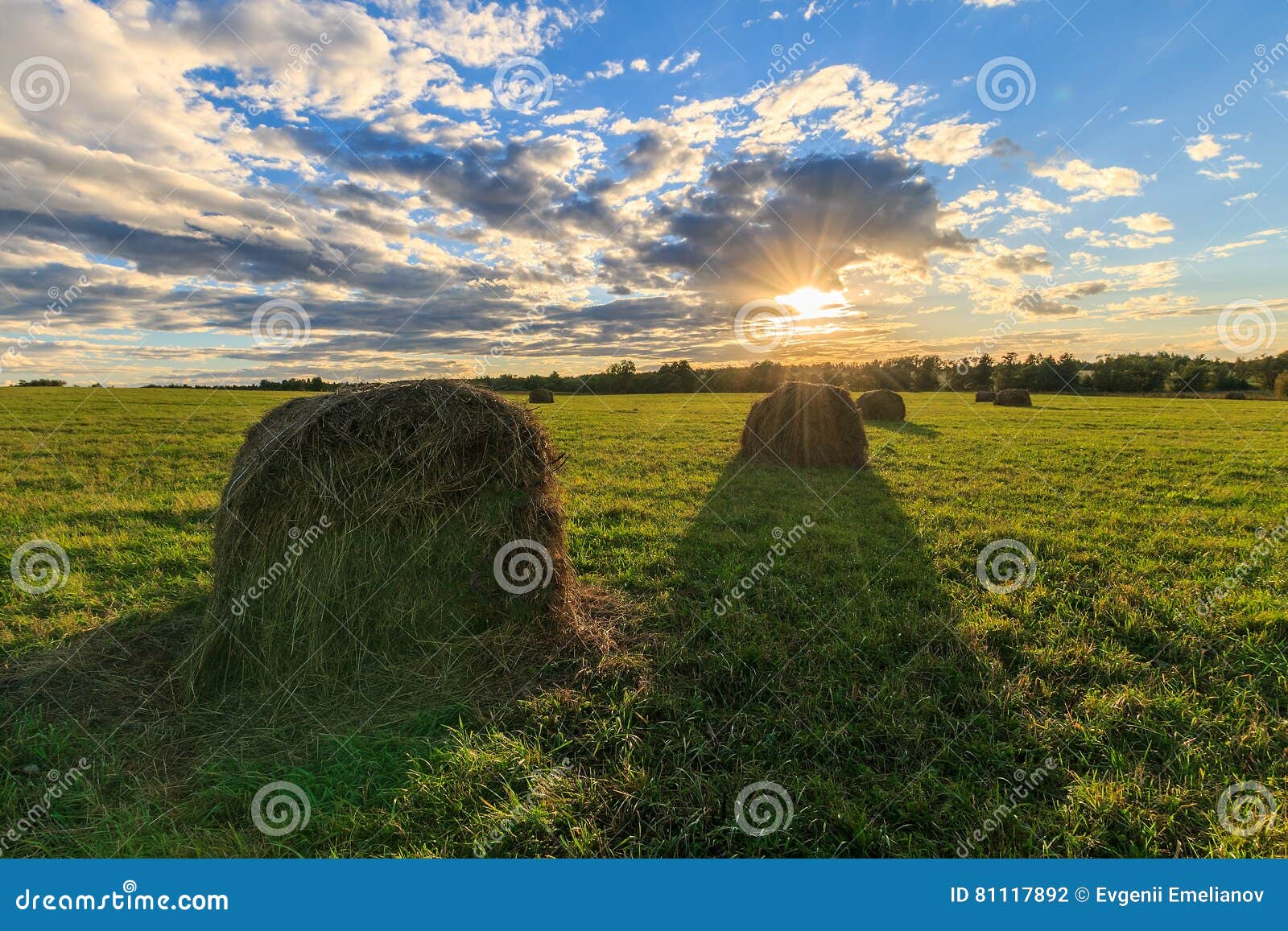 Field with Haystacks at Sunset in Early Autumn Stock Photo - Image of ...