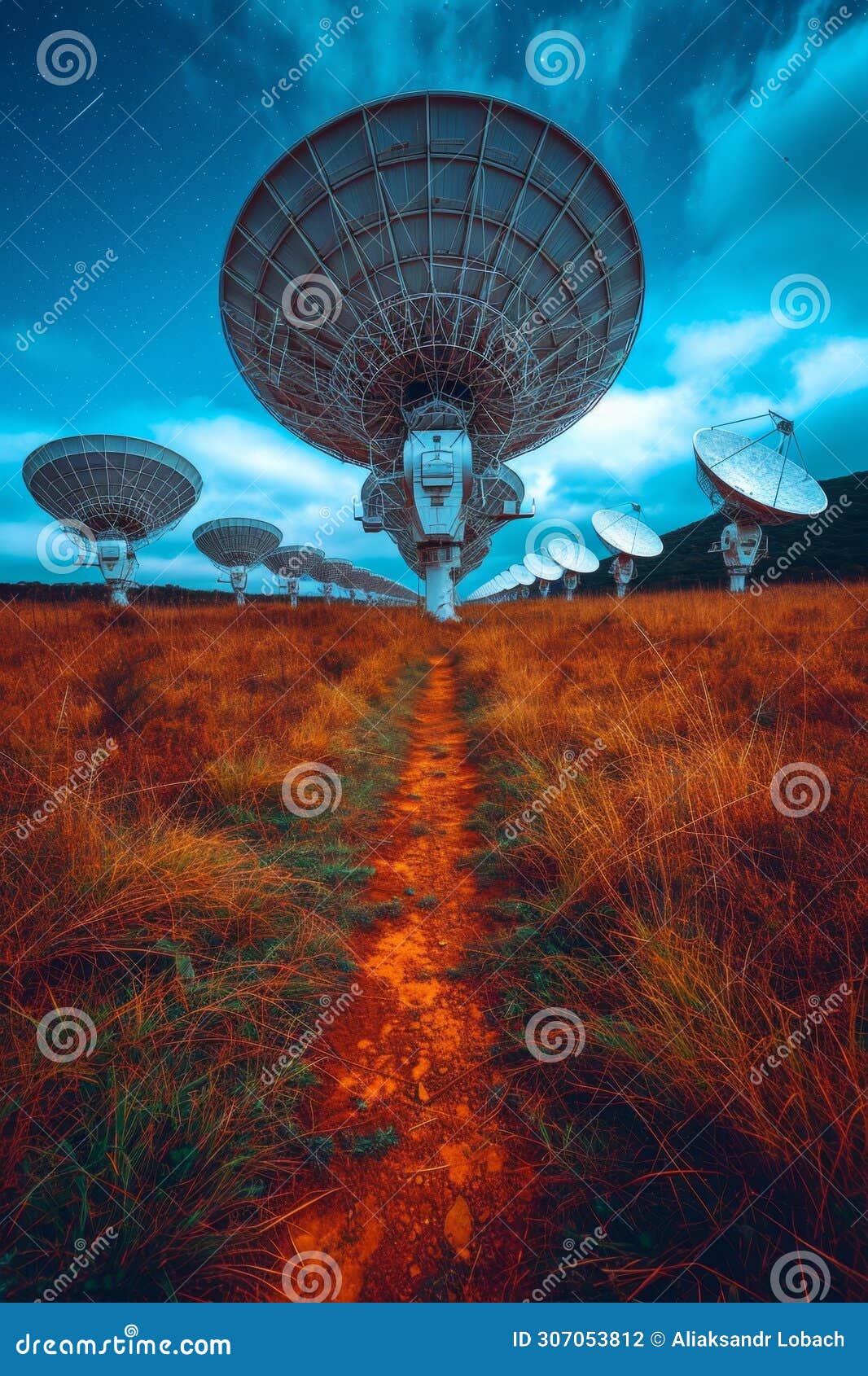 A Field with Large Satellite Antennas. the Concept of Communication ...