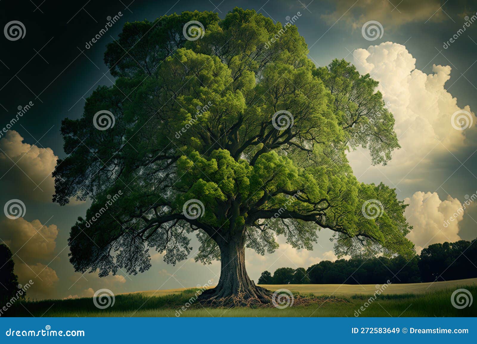 In the Field, a Lone Green Oak Tree Stock Illustration - Illustration ...