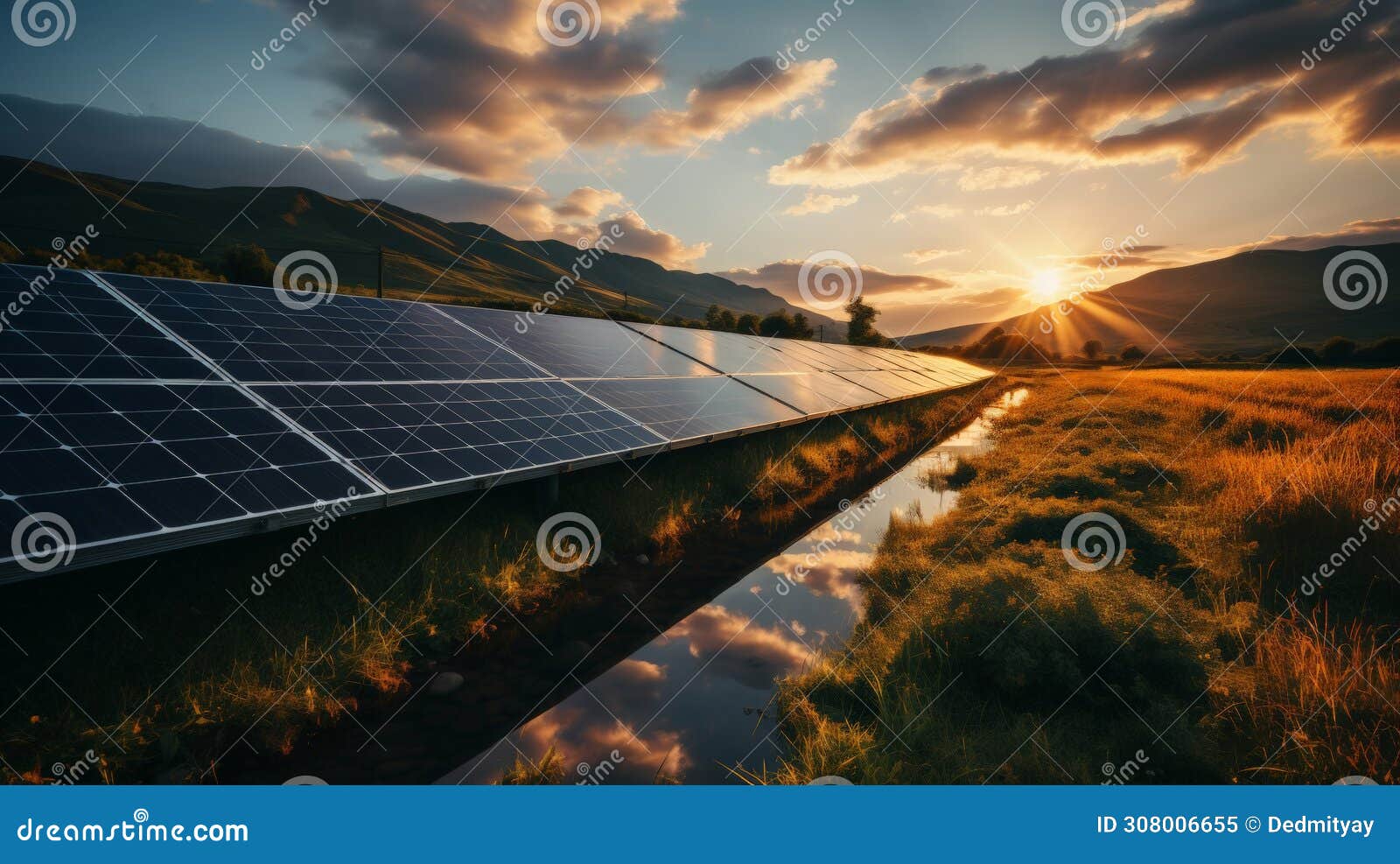 Field with Long Solar Panel Capturing Sunlight To Generate Renewable ...