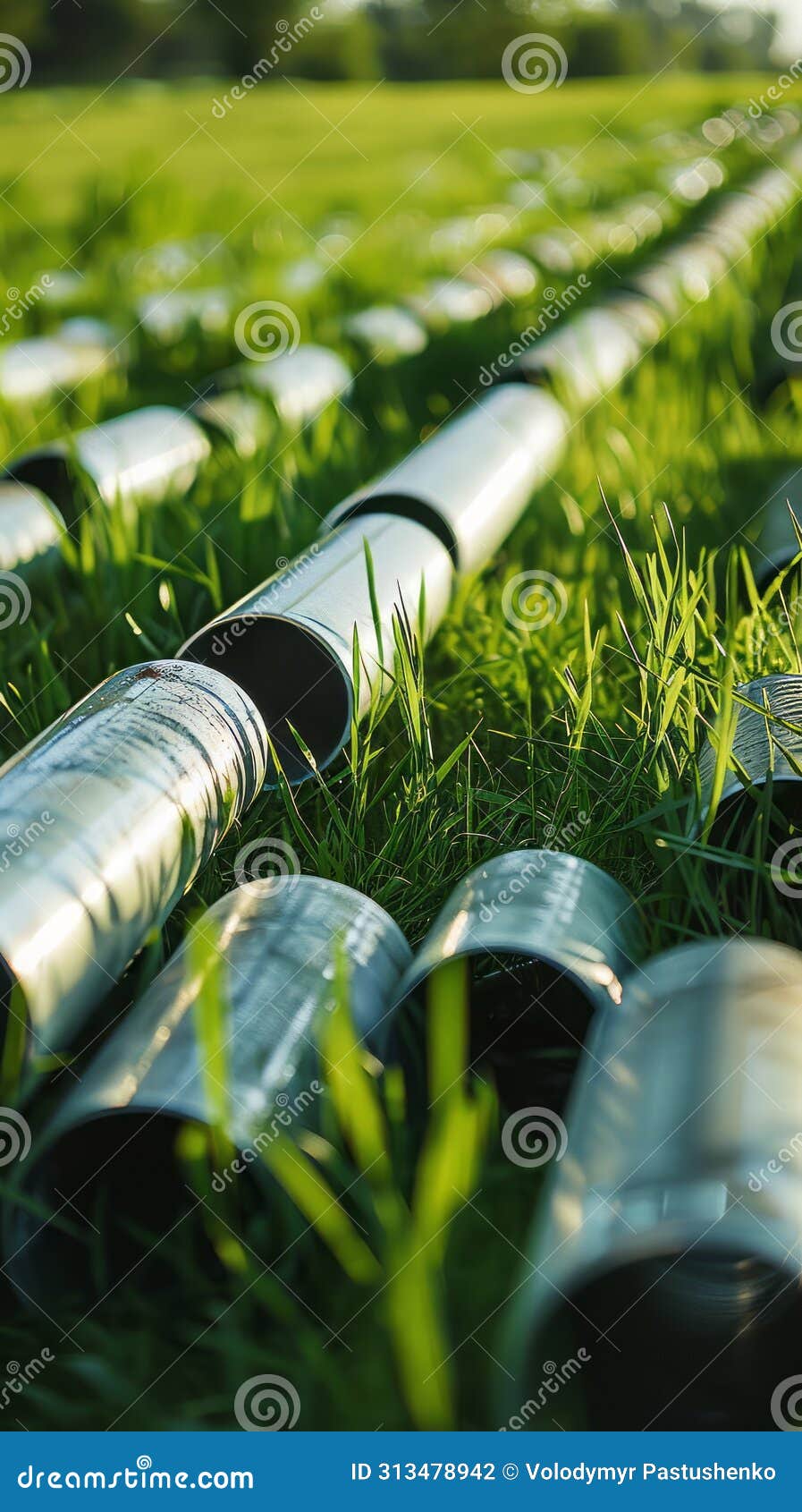 A Field of Metal Pipes in the Grass Stock Photo - Image of tube ...