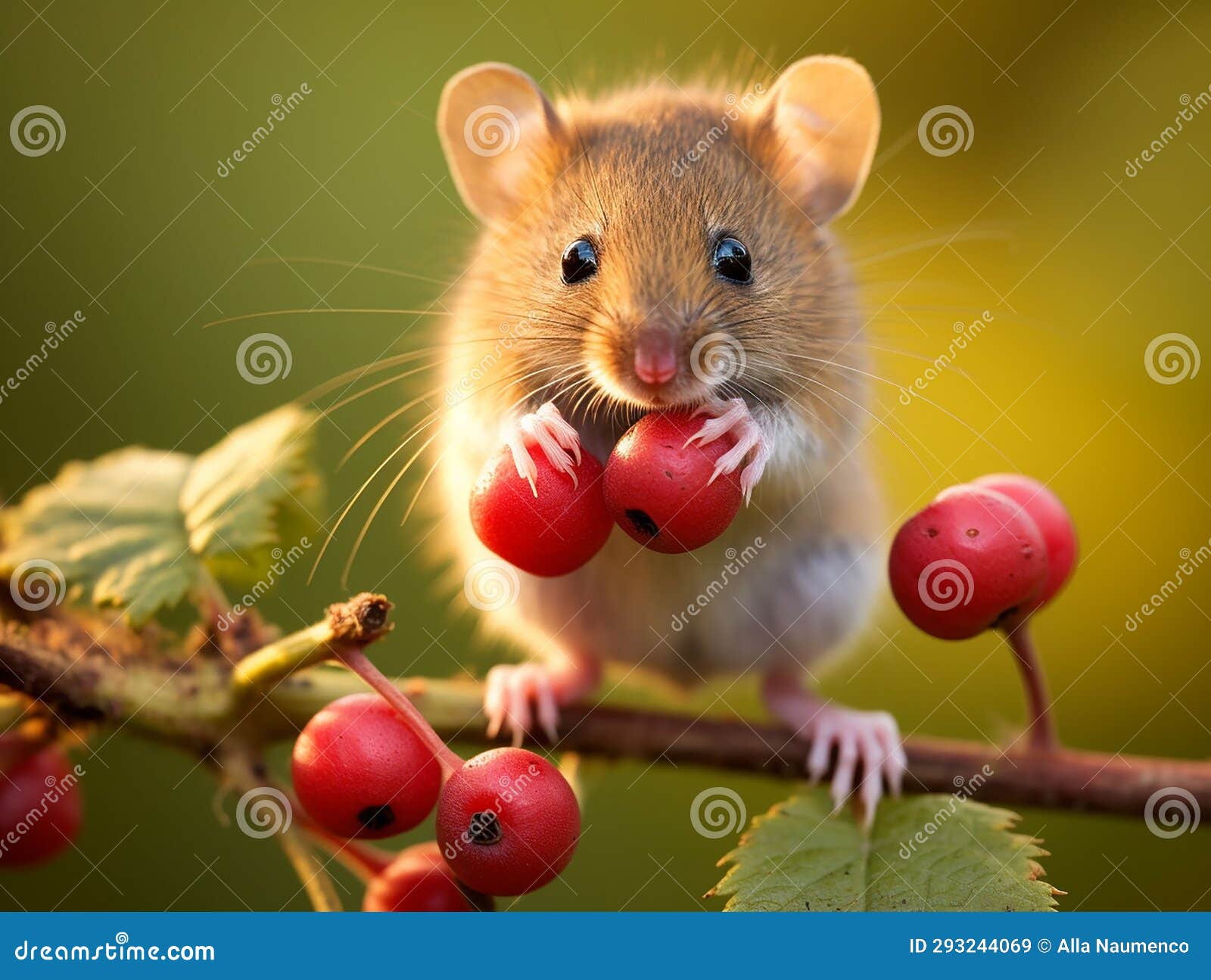 The Field Mouse Eats Berry from the Branch of the Plant Stock ...