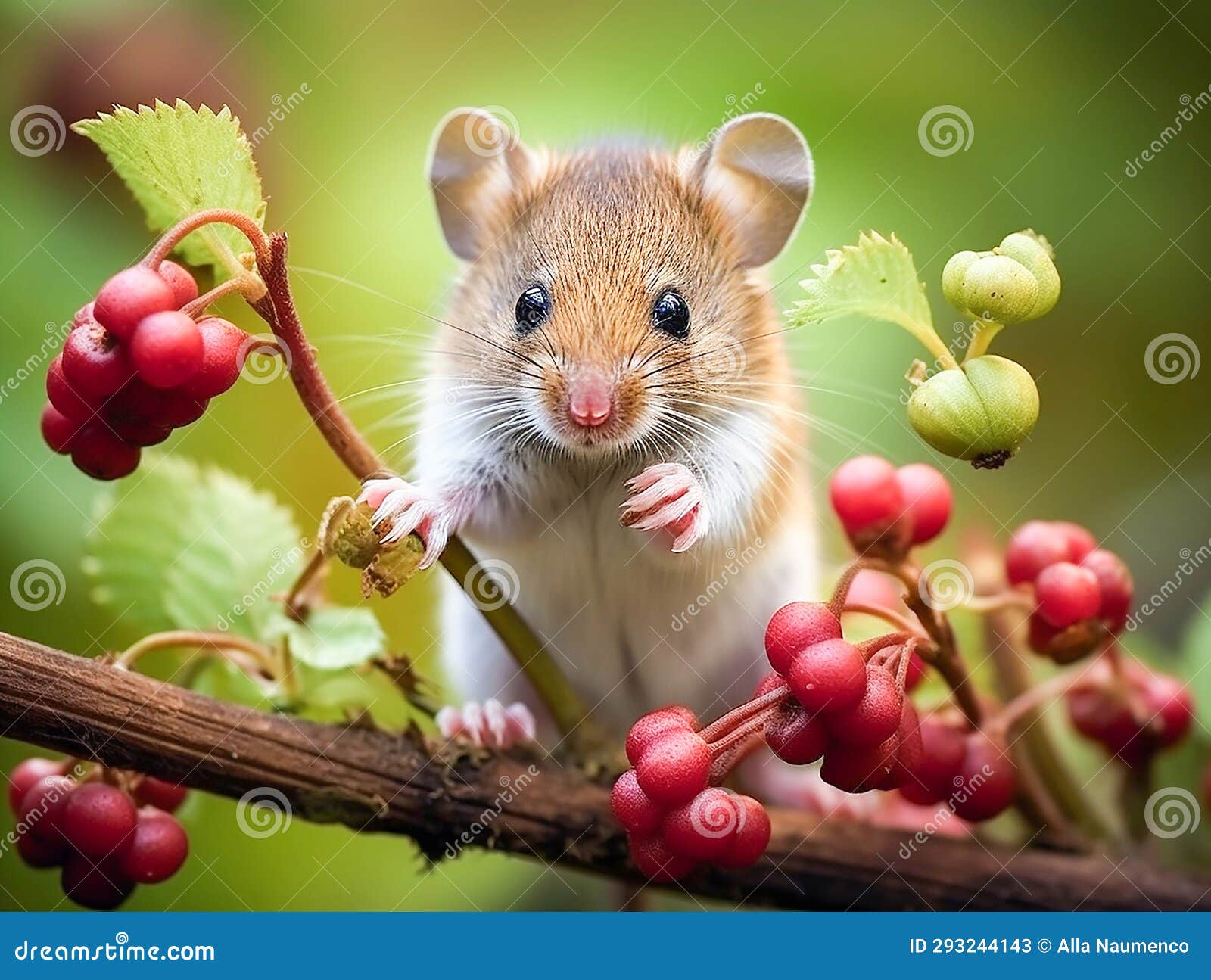 The Field Mouse Eats Berry from the Branch of the Plant Stock ...
