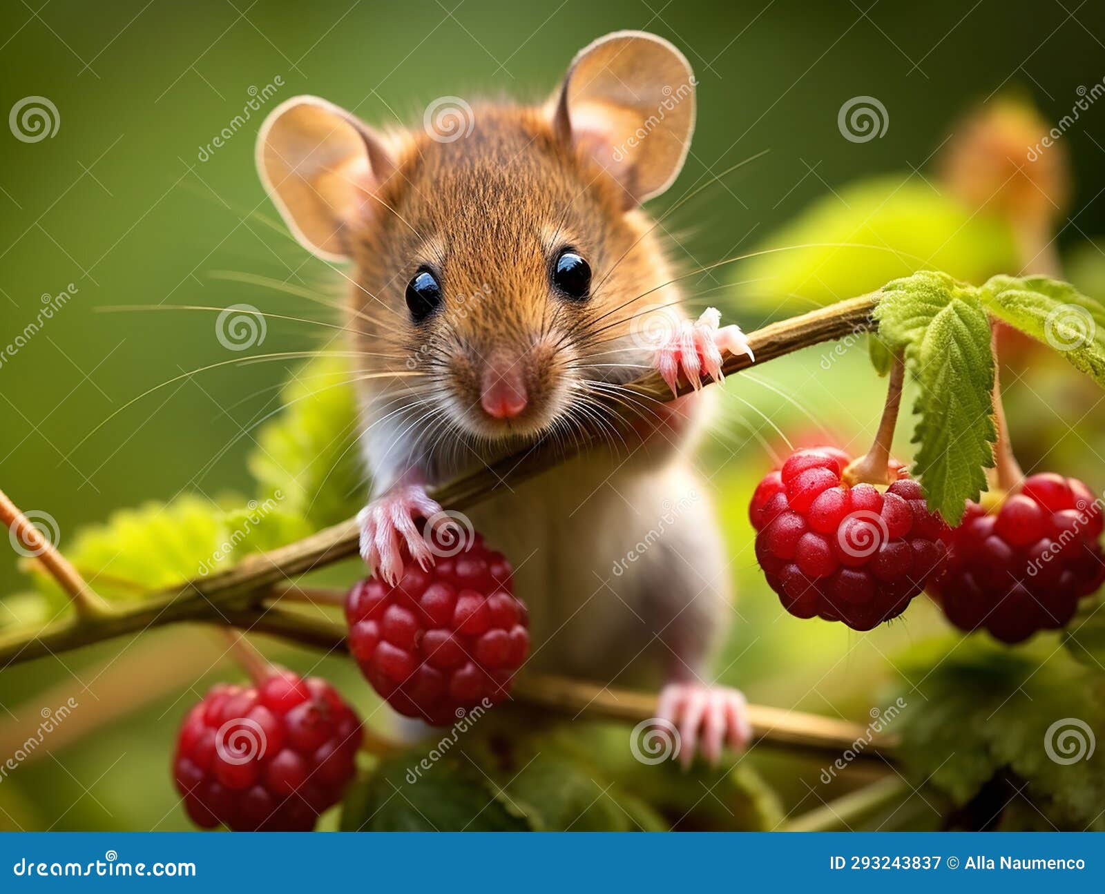 The Field Mouse Eats the Raspberry from the Branch of the Plant Stock ...