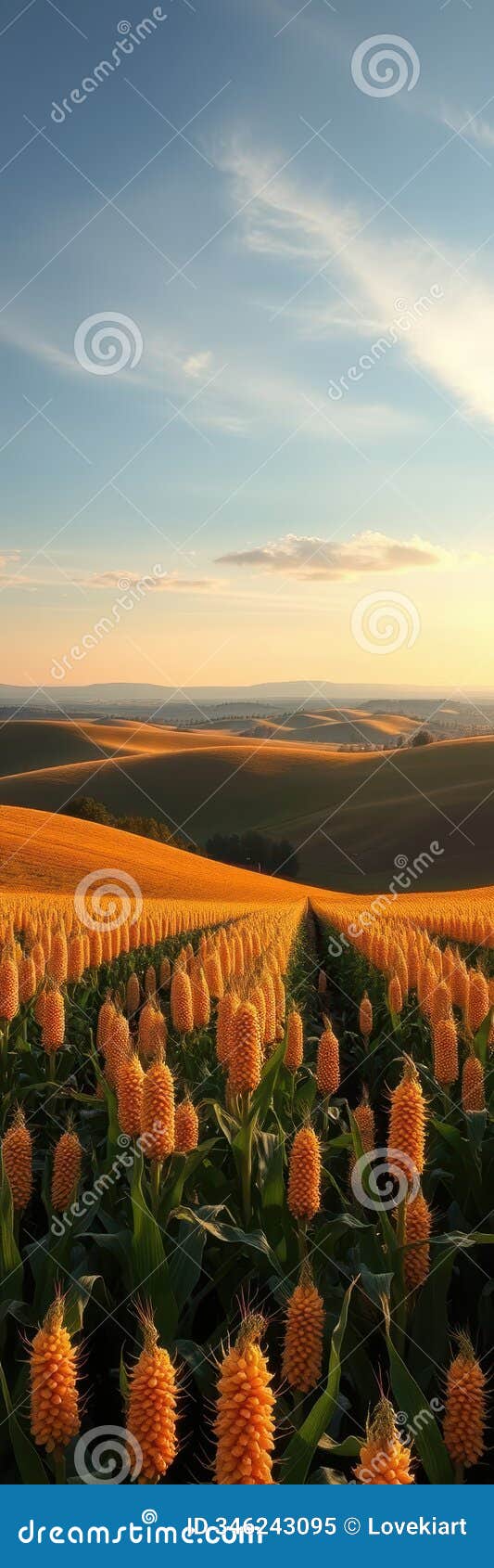 A Field of Orange Corn Grows in Rolling Hills Under a Blue Sky with ...