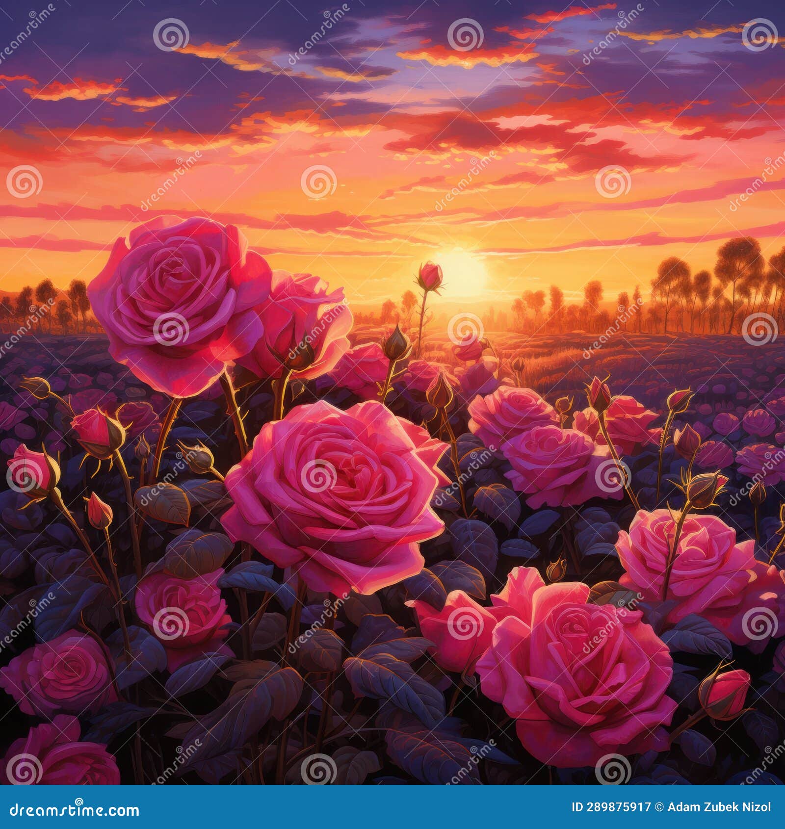 A field of pink roses stock illustration. Illustration of cloud - 289875917