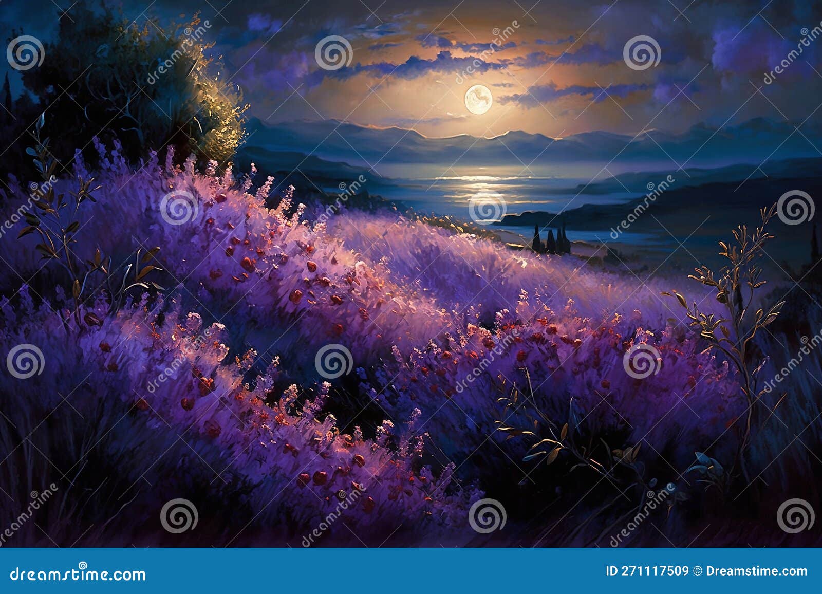 Field of Purple Flowers at Night Stock Illustration - Illustration of ...