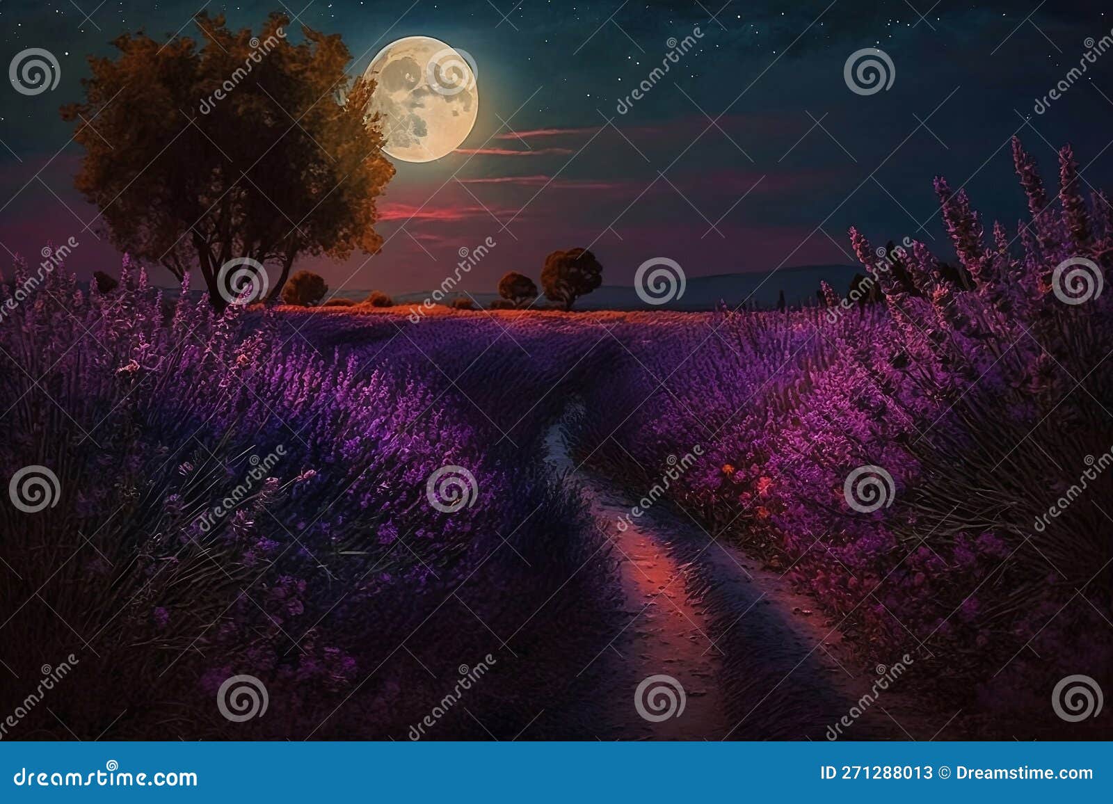 Field of Purple Flowers at Night Stock Illustration - Illustration of ...