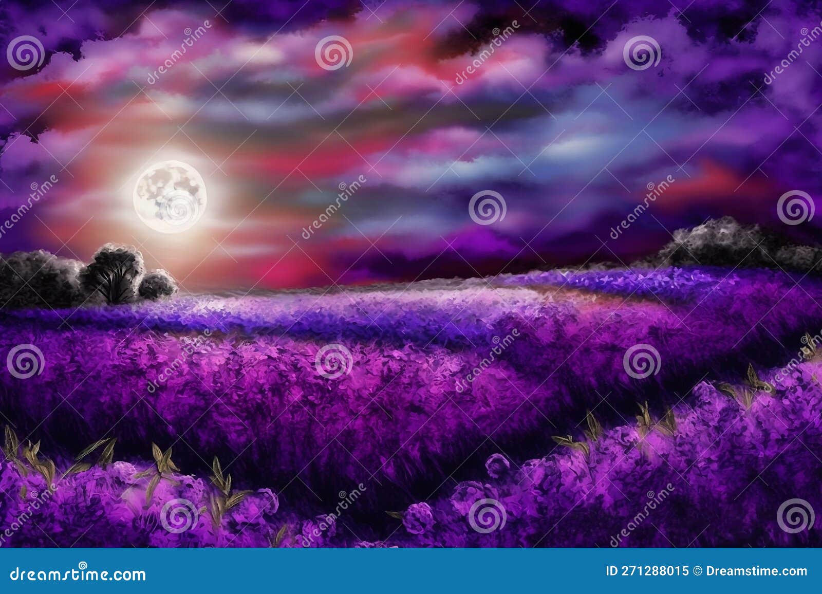 Field of Purple Flowers at Night Stock Illustration - Illustration of ...
