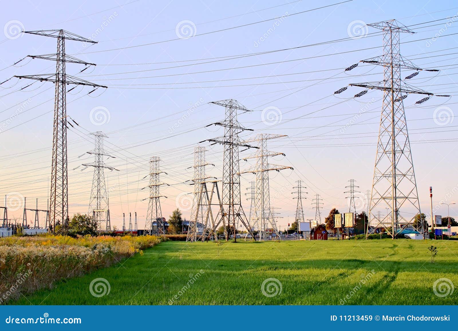 Field of pylon. Sunset. stock image. Image of structure - 11213459