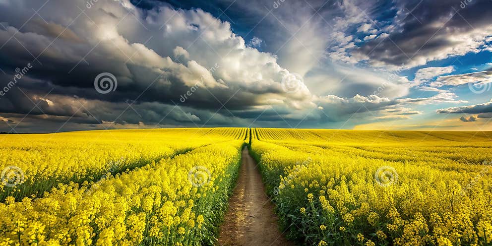 Field of Rapeseed with Green Path between and Dramatic Sky AI-Generated ...
