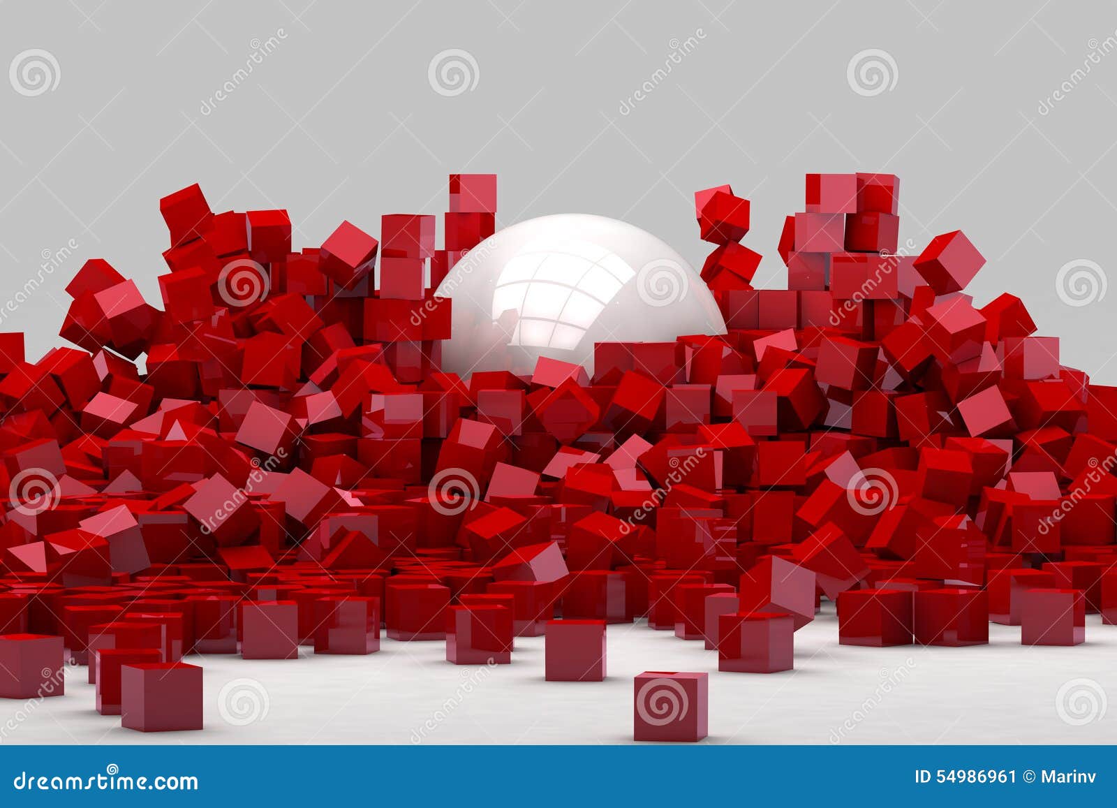 Field of Red Cubes Destroyed by Large White Ball Stock Illustration ...
