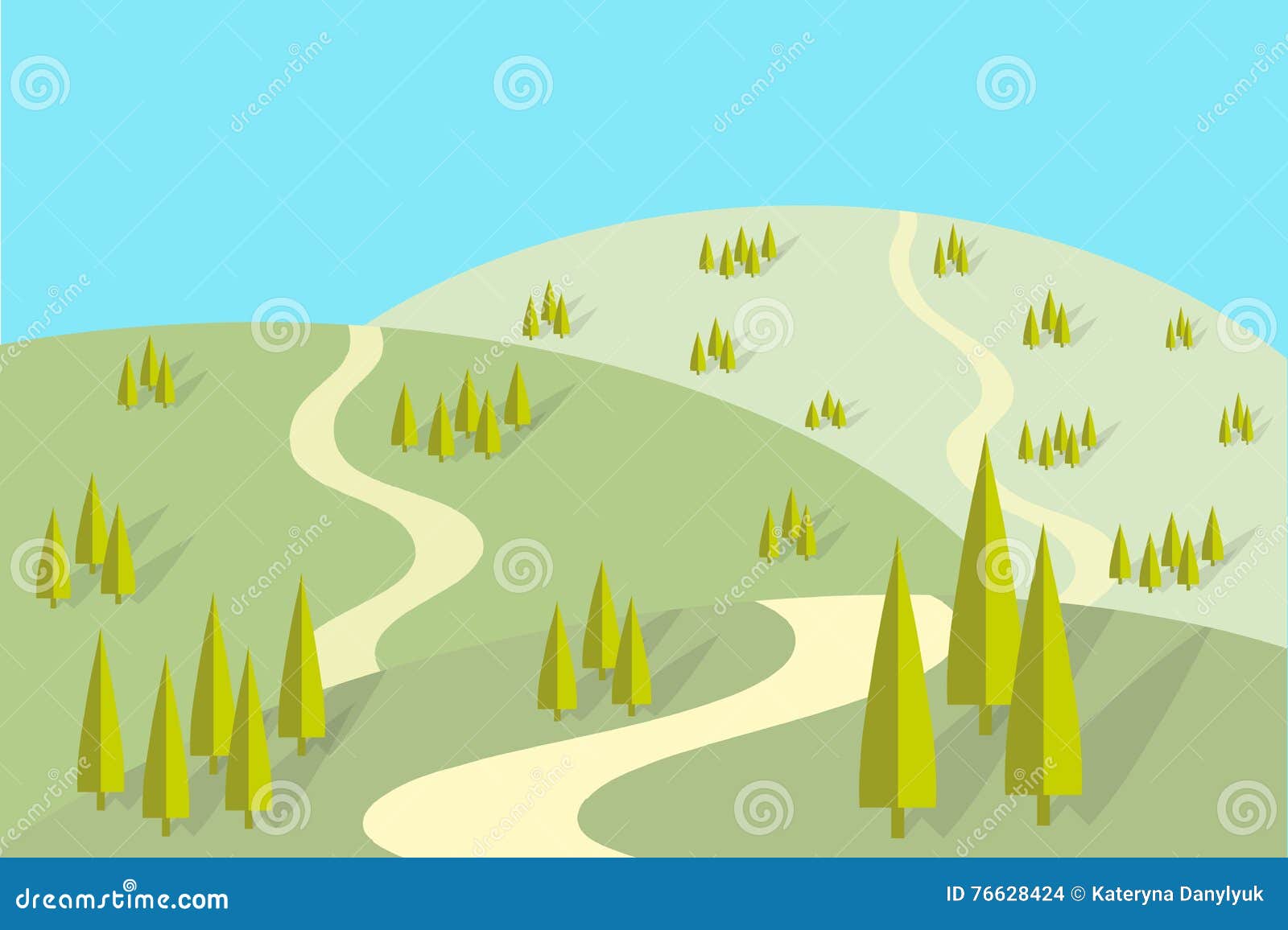Field Road on the Hills, Groups of Trees with Shadows, Flat Design ...