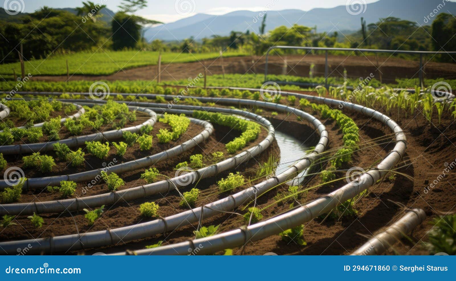 A Field with Rows of Plants and Pipes for Drip Irrigation, AI Stock ...