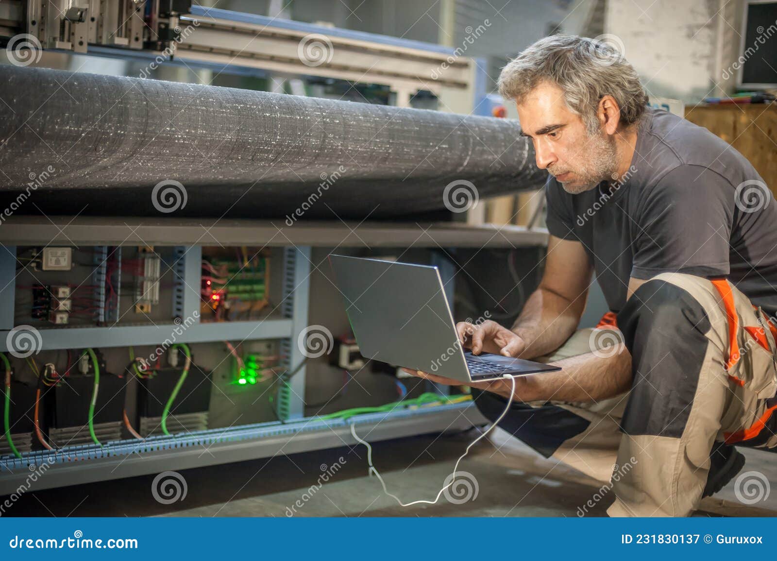 Engineer Technician Electrician Inspect System with Laptop Computer ...