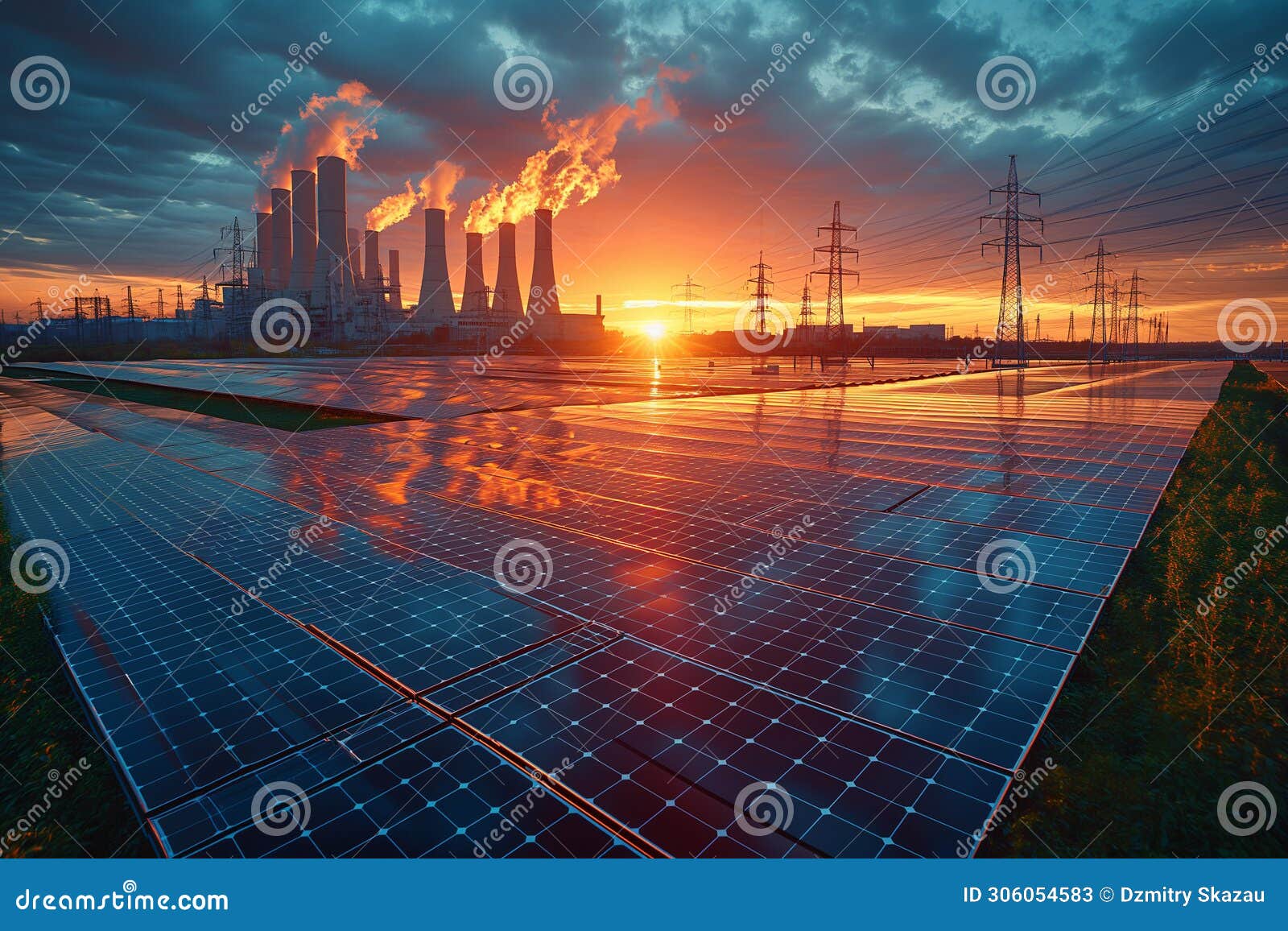 Field with Solar Panels and Coal Power Plant Stock Illustration ...