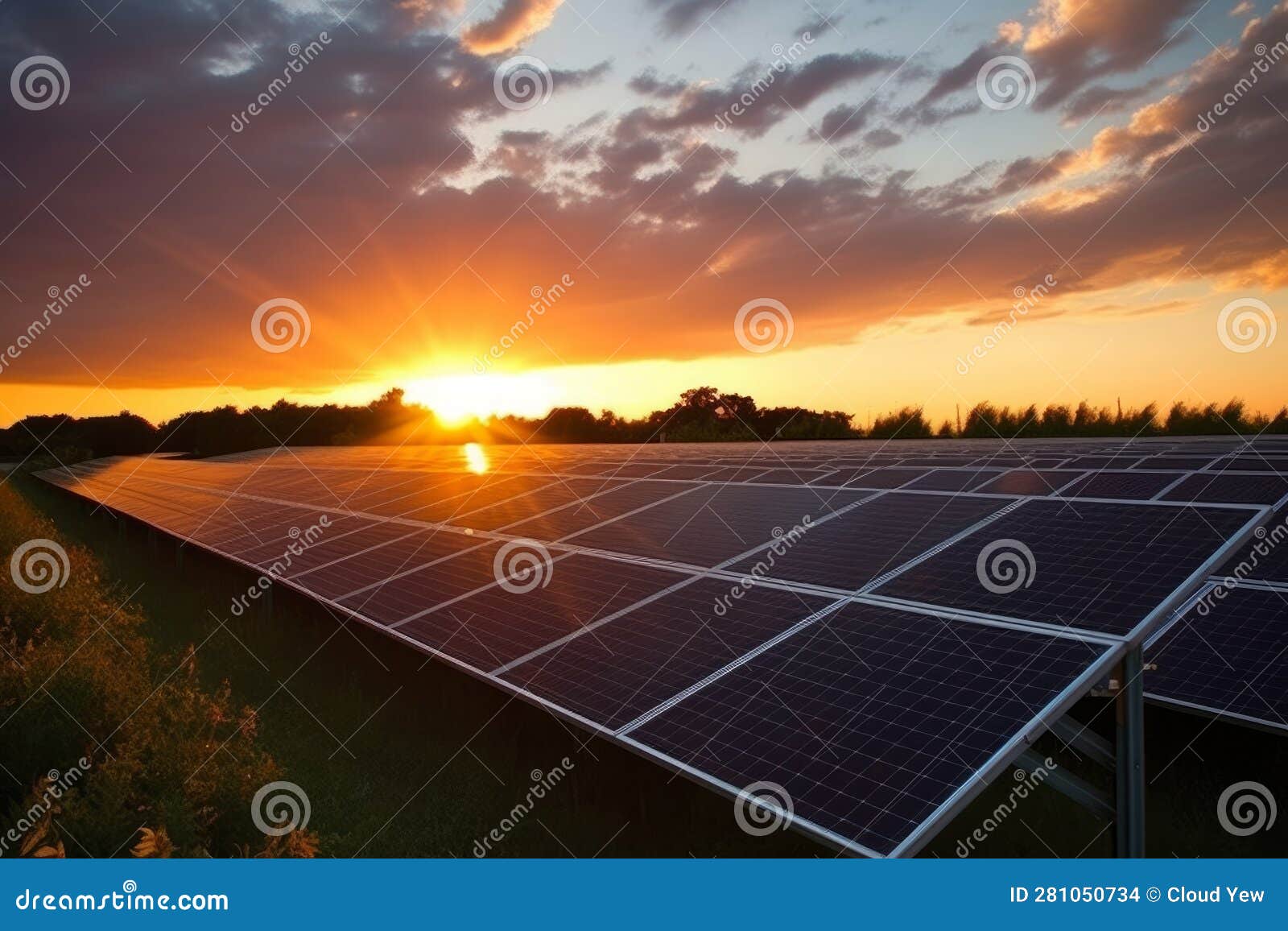 A Field of Solar Panels with the Sun Setting in the Background Stock ...