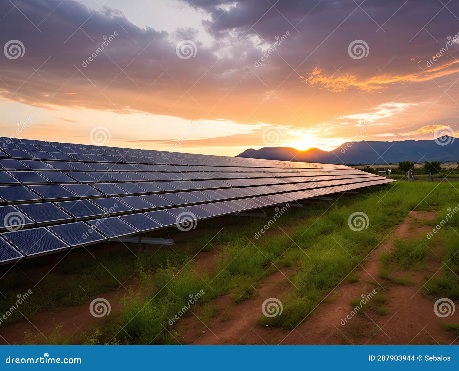 Field of Solar Panels at Sunset, Reflecting the Orange Sky Stock ...