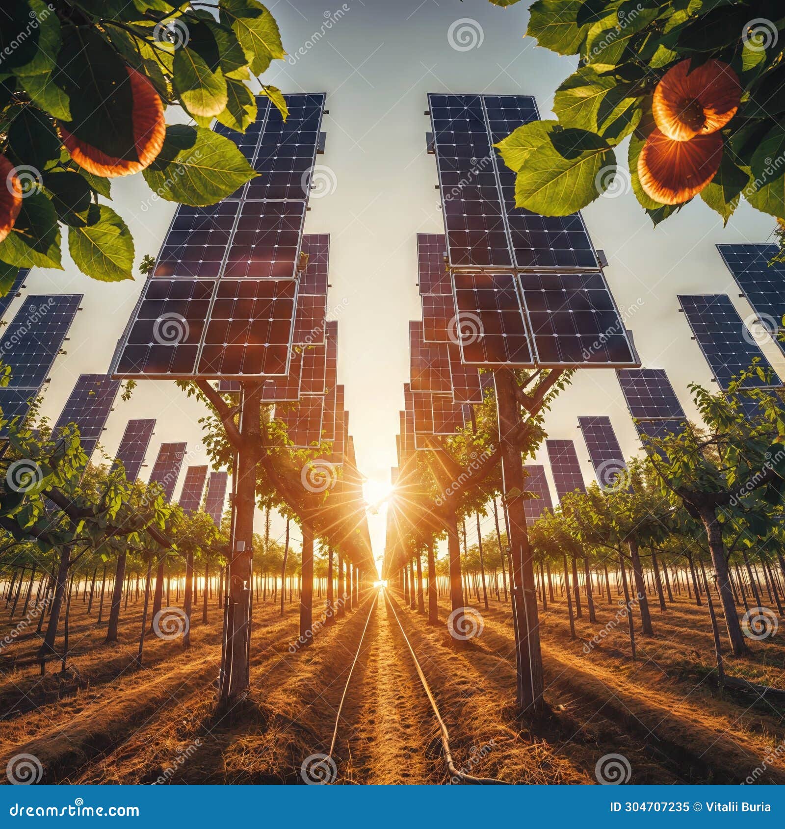 Solar Panels Grace a Field with Trees, Capturing a Sunset S Beauty ...