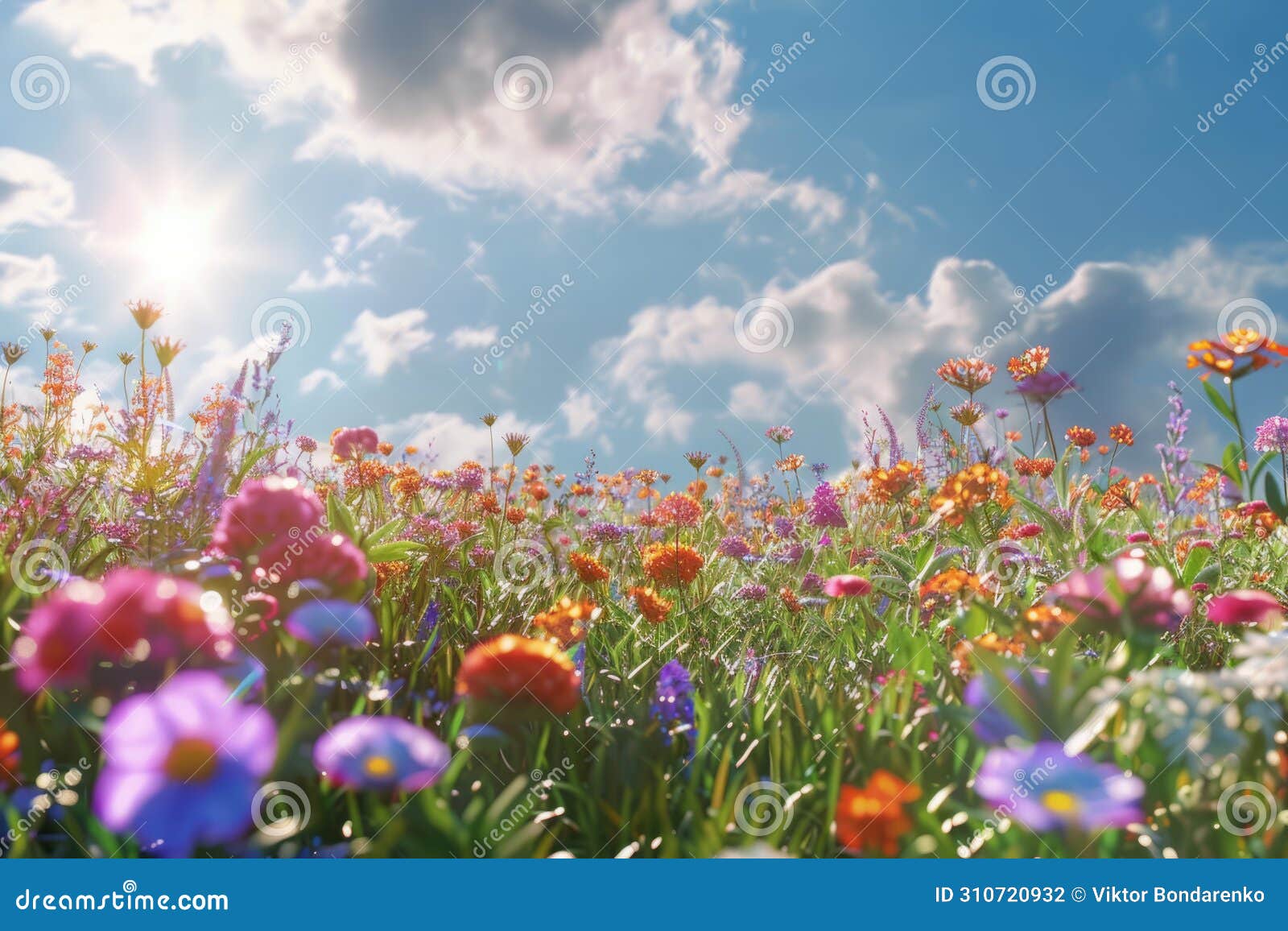 Field of Spring Flowers and Sunny Sky Stock Photo - Image of ...