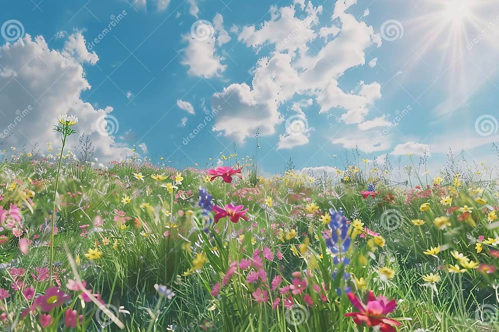 Field of Spring Flowers and Sunny Sky Stock Photo - Image of idyllic ...