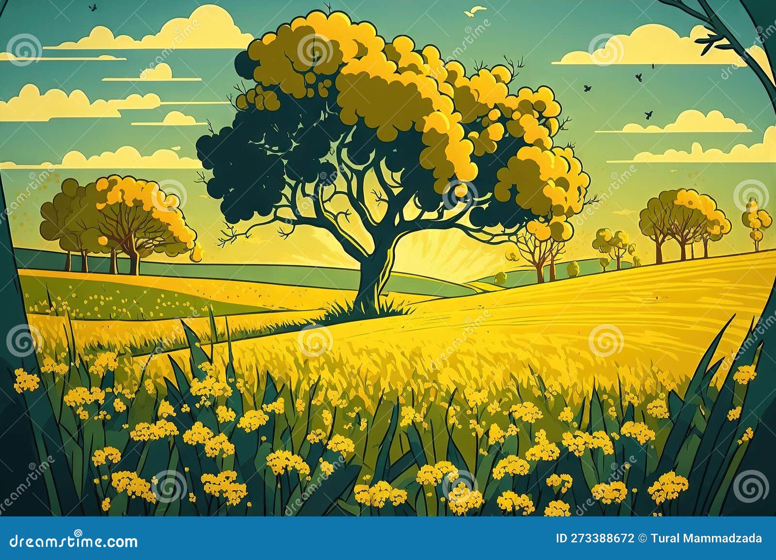 Field in the Sun. Nature Art Cartoon Stock Illustration - Illustration ...