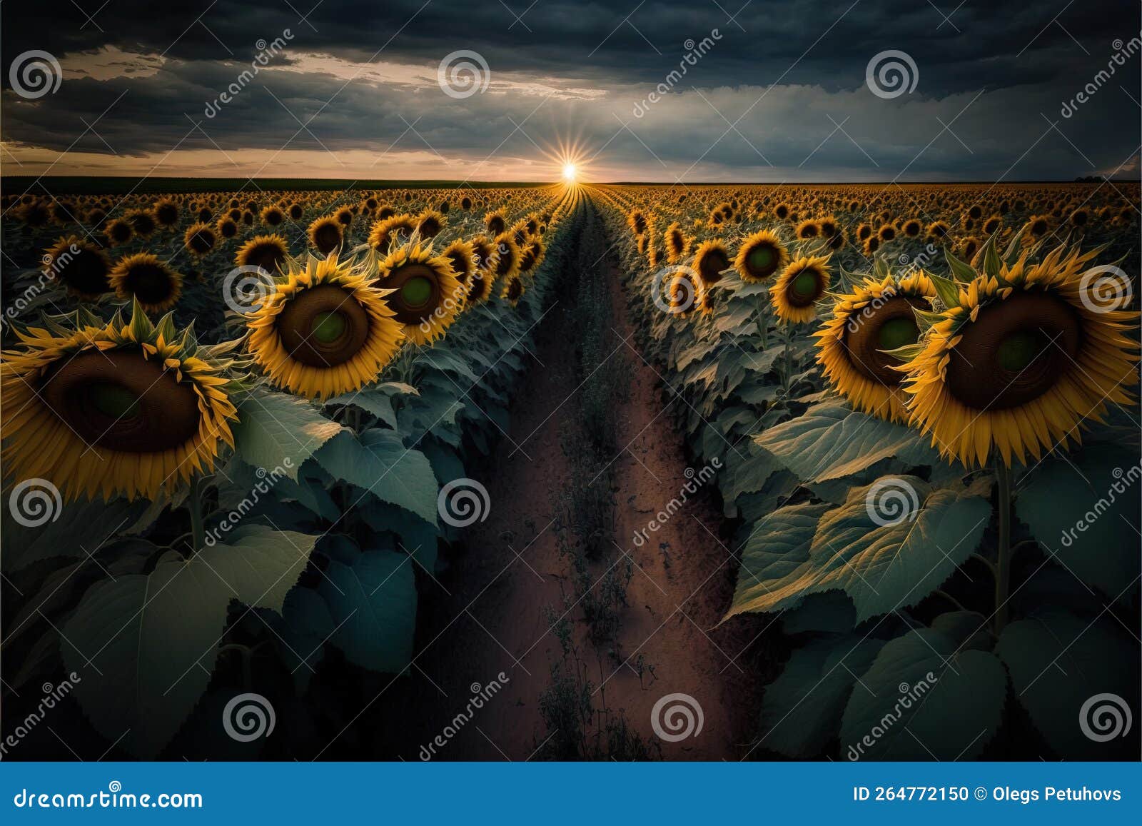 A Field of Sunflowers with a Dark Sky in the Background and a Sun ...