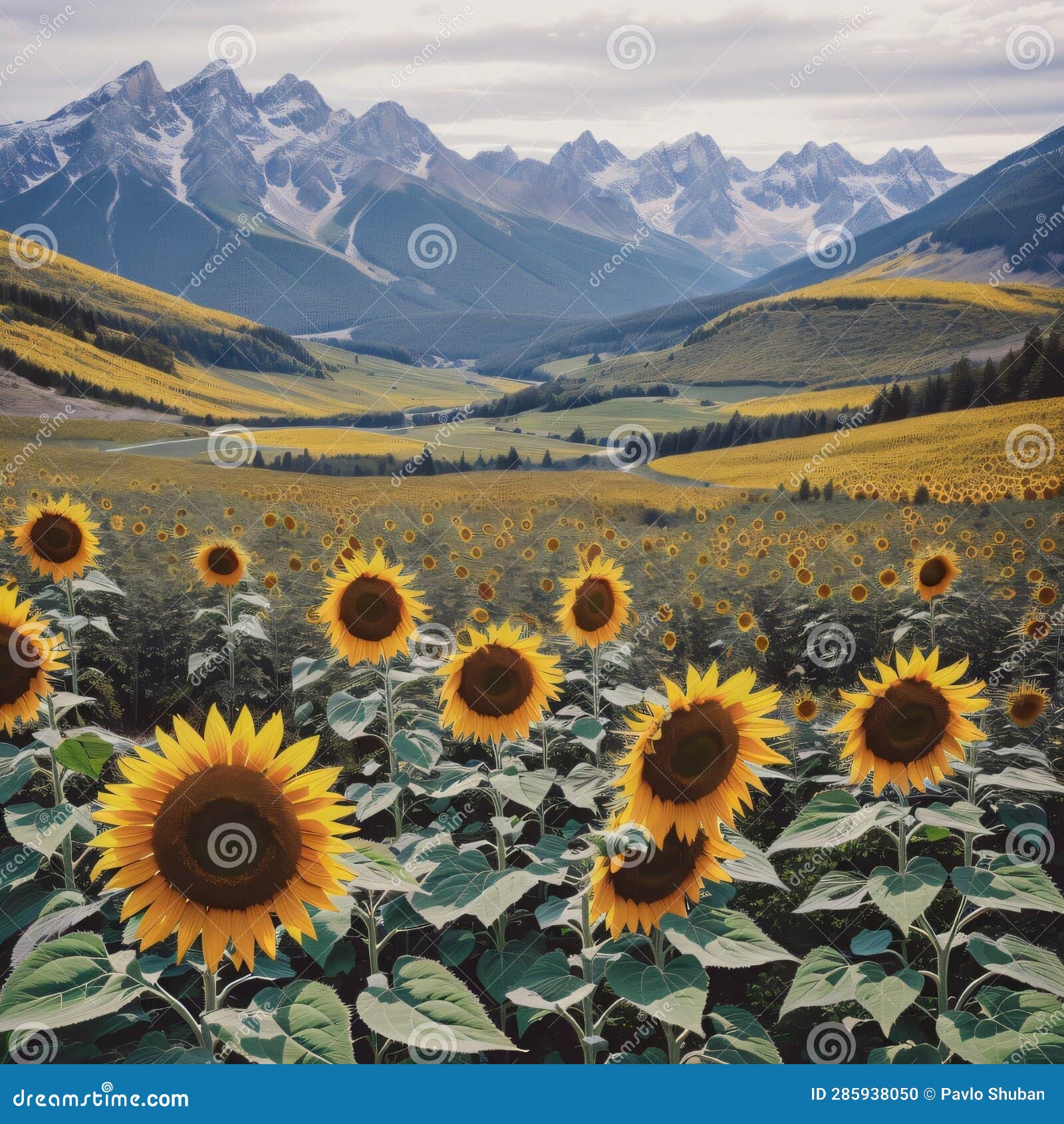 A Field of Sunflowers in a Mountain Valley. Stock Illustration ...