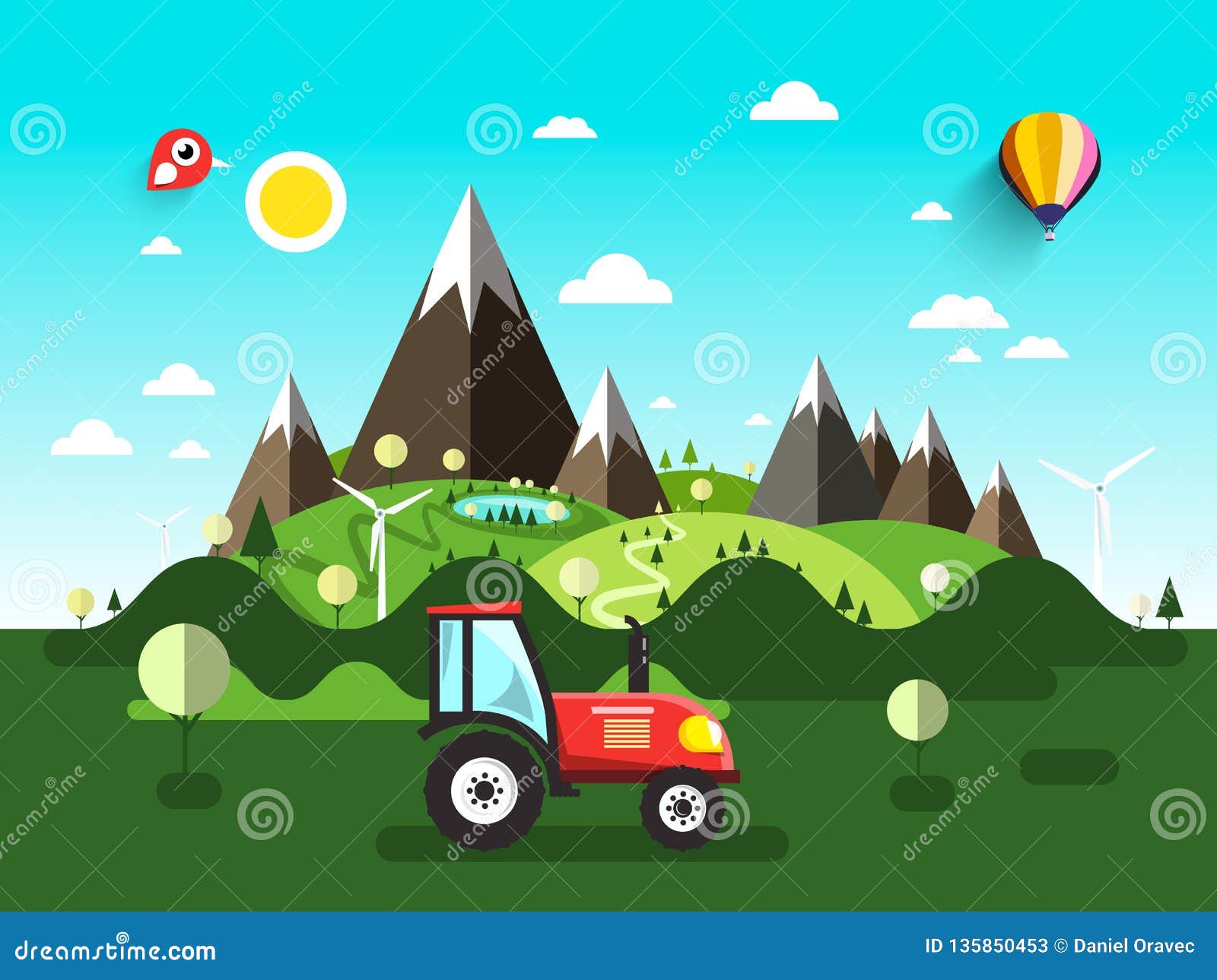 Field with Tractor. Flat Design Landscape Stock Vector - Illustration ...