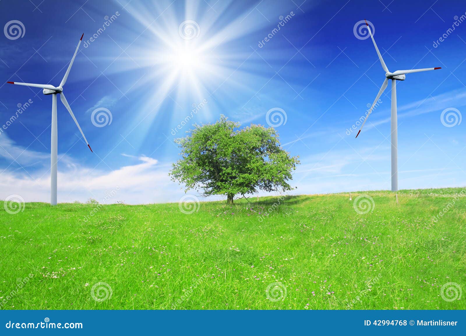 Field, Tree and Blue Sky with Wind Turbines Stock Photo - Image of ...