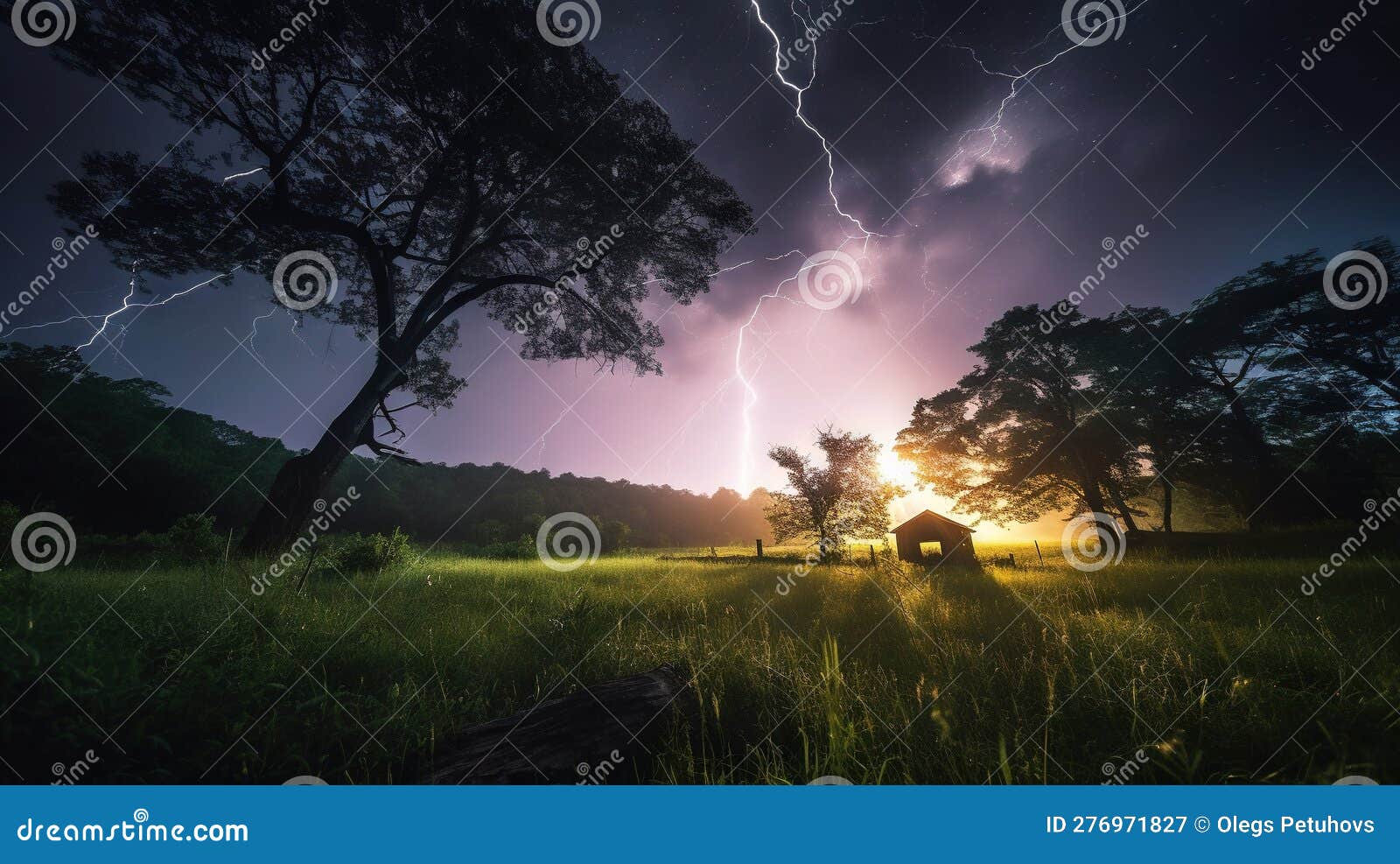 A Field with Trees and a House Under a Lightning Storm Stock ...