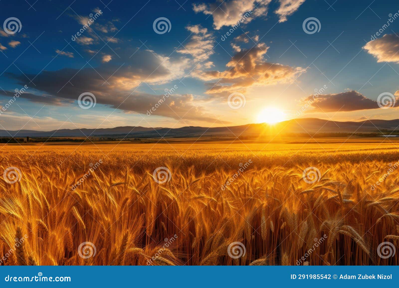 A Field of Wheat with the Sun Setting in the Background Stock ...