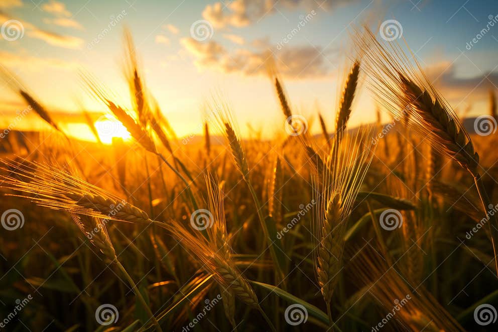 Field of Wheat with the Sun Setting in the Background. Generative AI ...