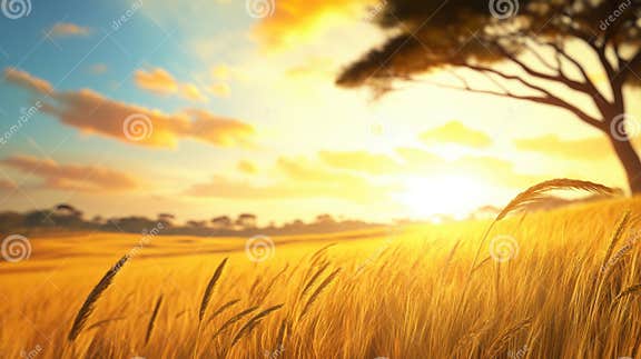 A Field of Wheat with a Tree in the Background, AI Stock Image - Image ...