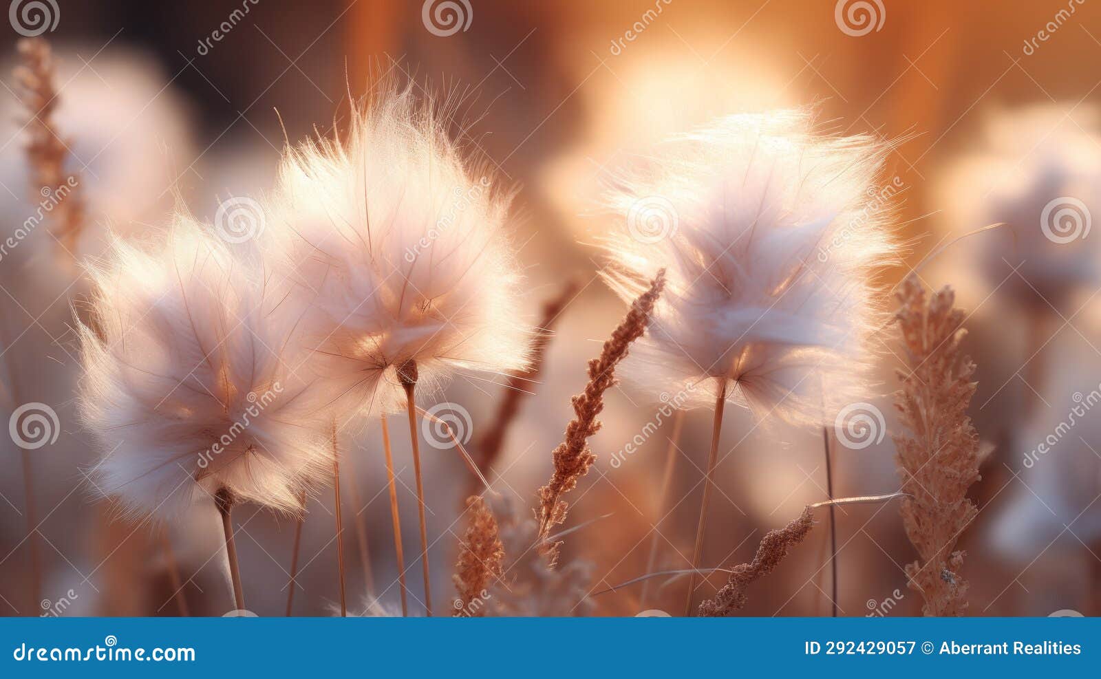 A Field of White Fluffy Grass with the Sun in the Background Stock ...