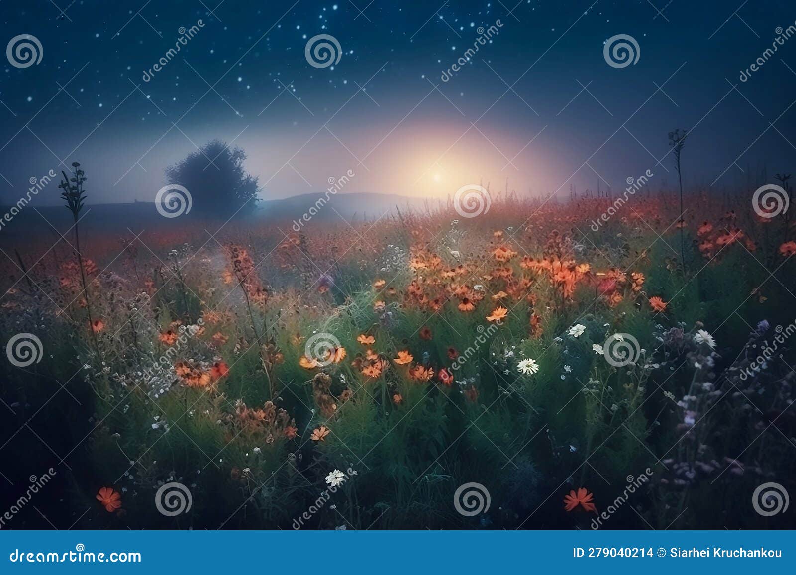 Field of Wildflowers at Night Stock Illustration - Illustration of ...
