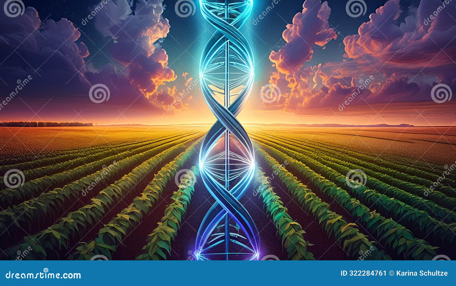 A Field of Yellow Flowers with a Glowing DNA Strand Stock Illustration ...