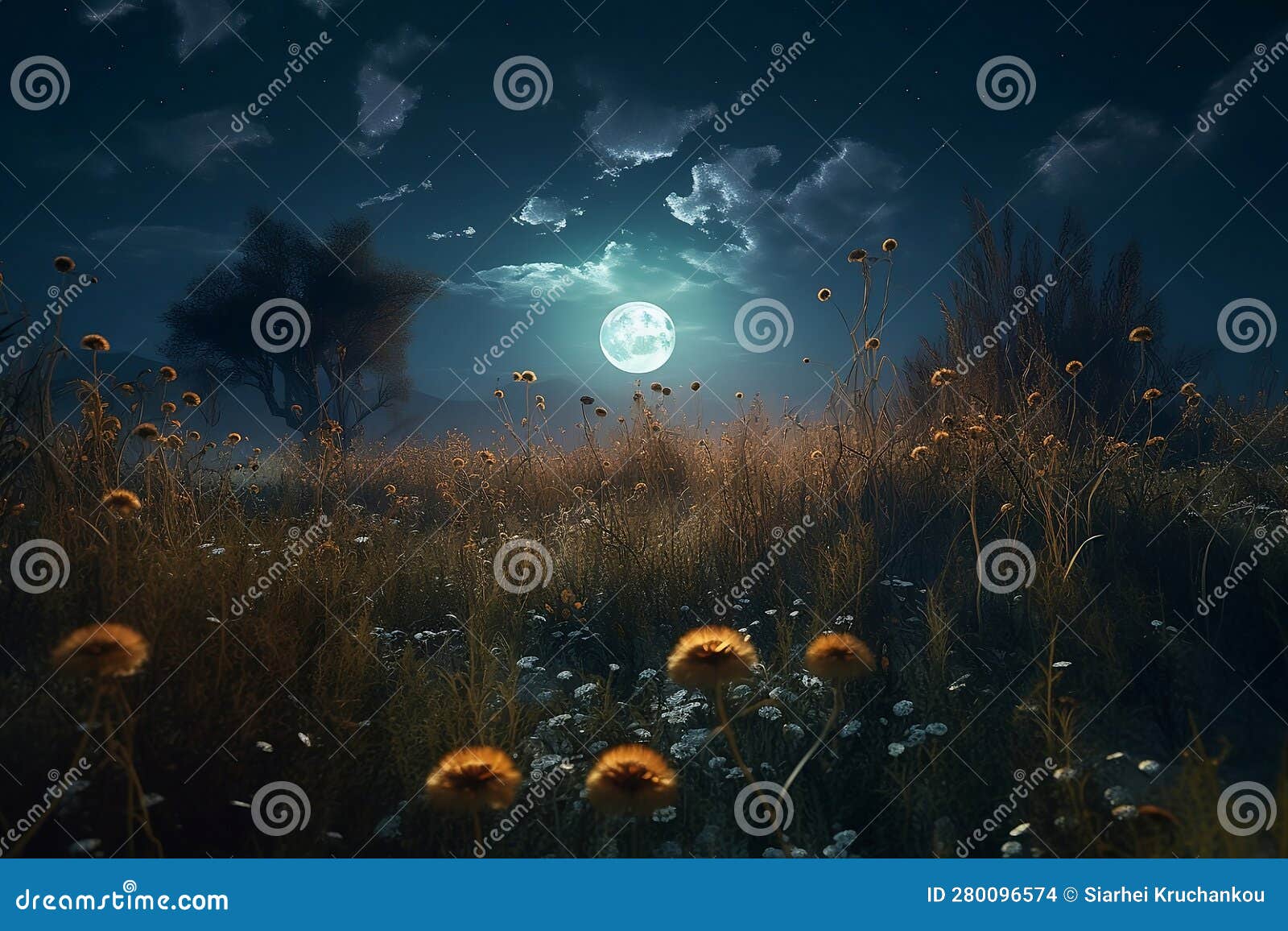 Field of Yellow Wildflowers at Night Stock Illustration - Illustration ...