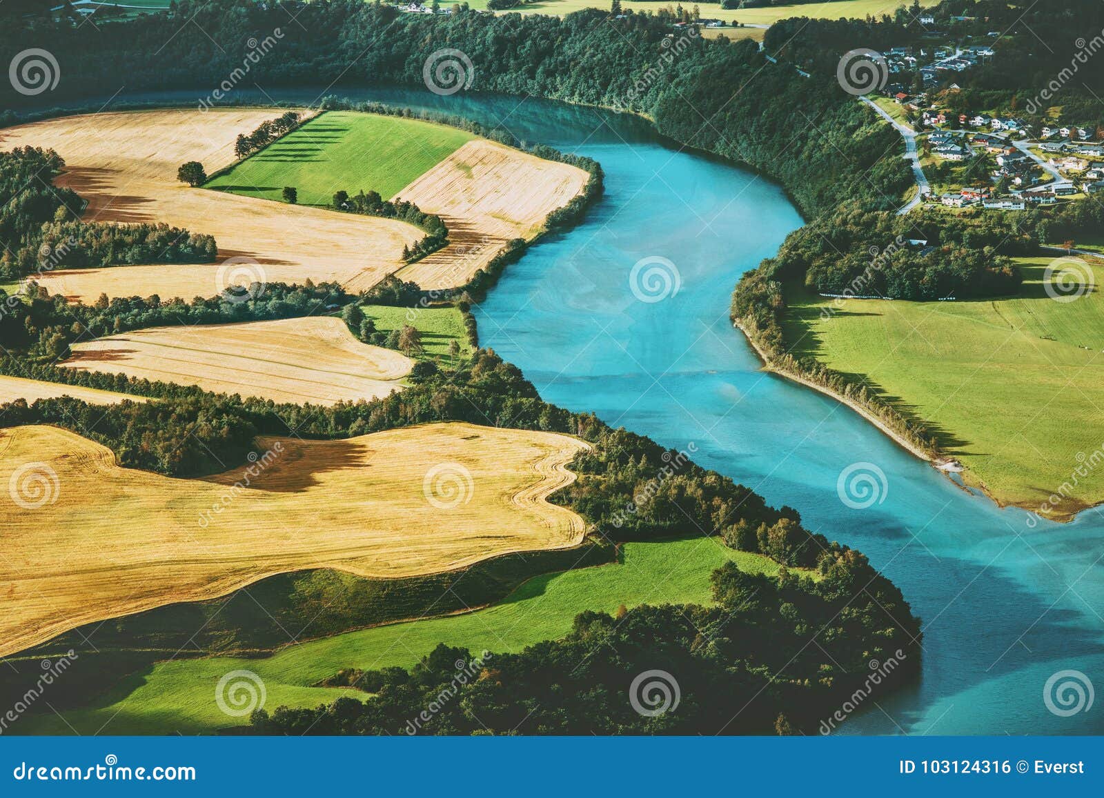 Fields and River Aerial View Rural Landscape Stock Photo - Image of ...